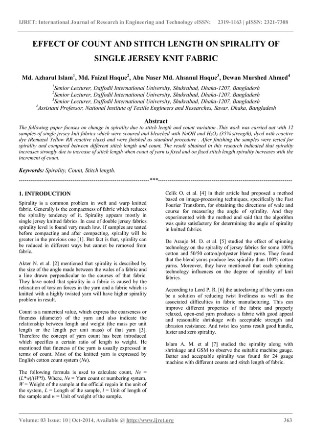 Effect of count and stitch length on spirality of single jersey knit ...