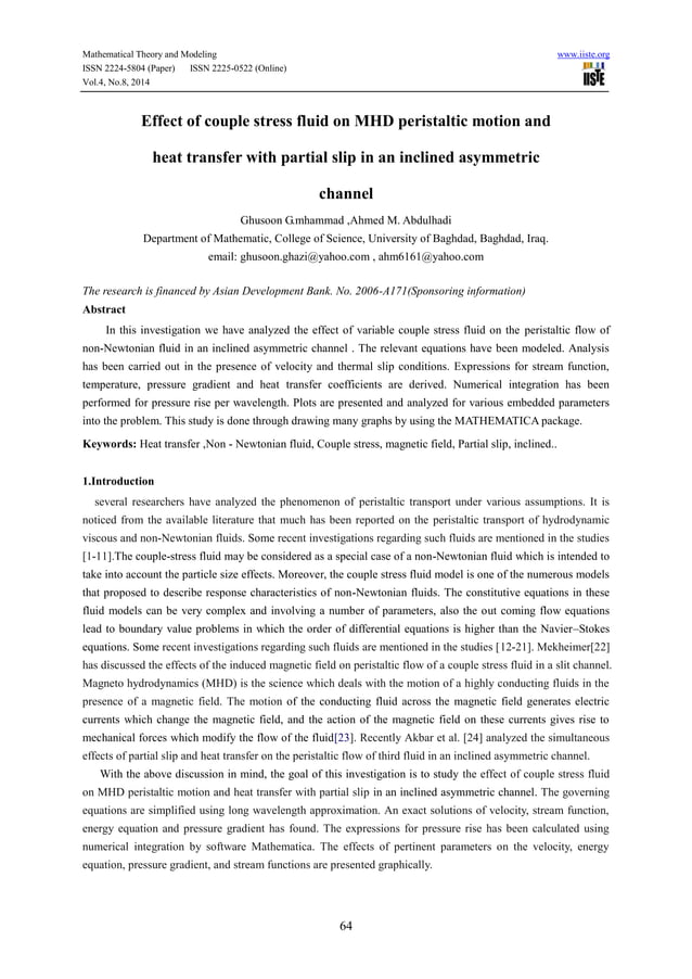Effect of couple stress fluid on mhd peristaltic motion and | PDF