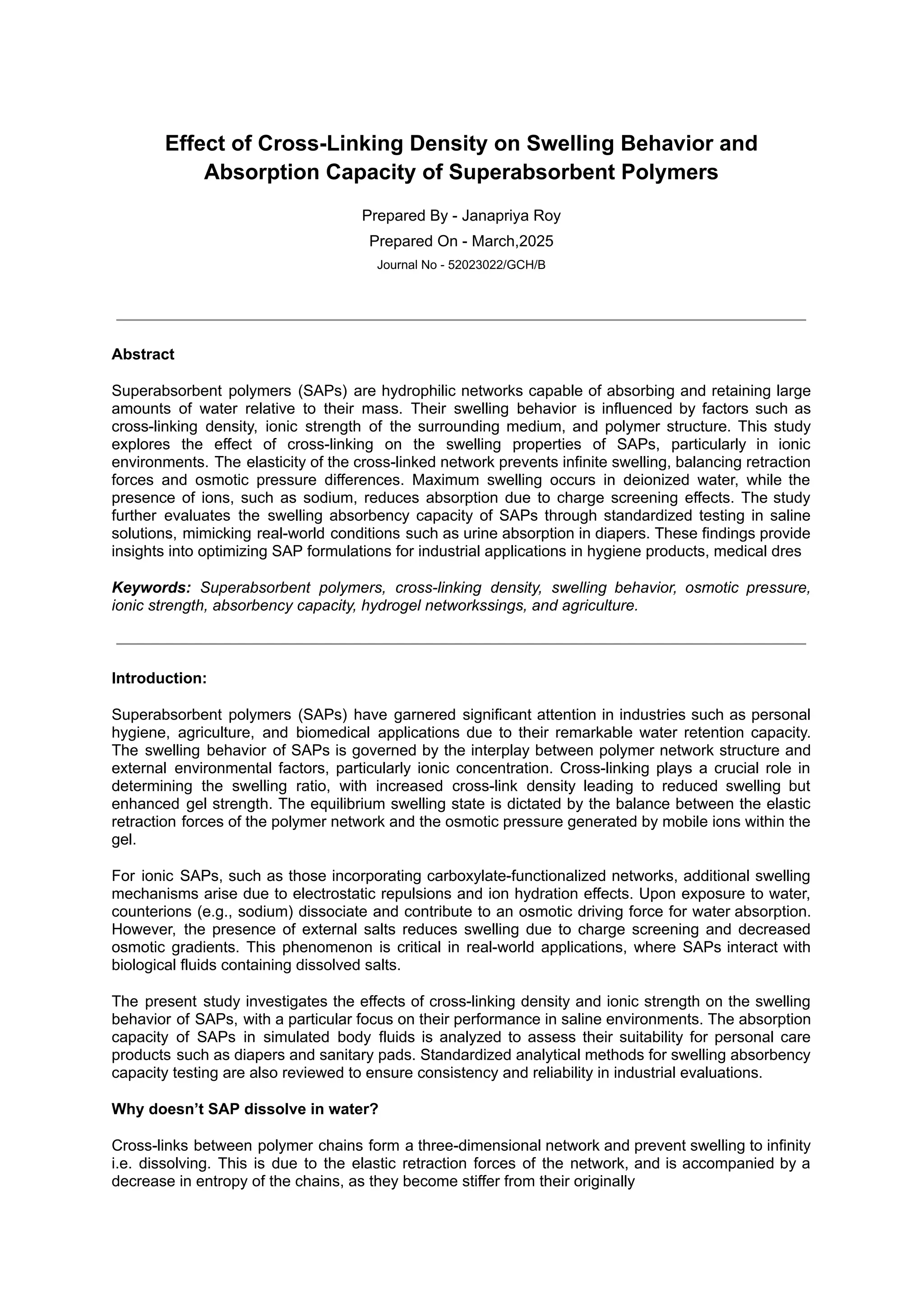 Effect of Cross-Linking Density on Swelling Behavior and Absorption ...