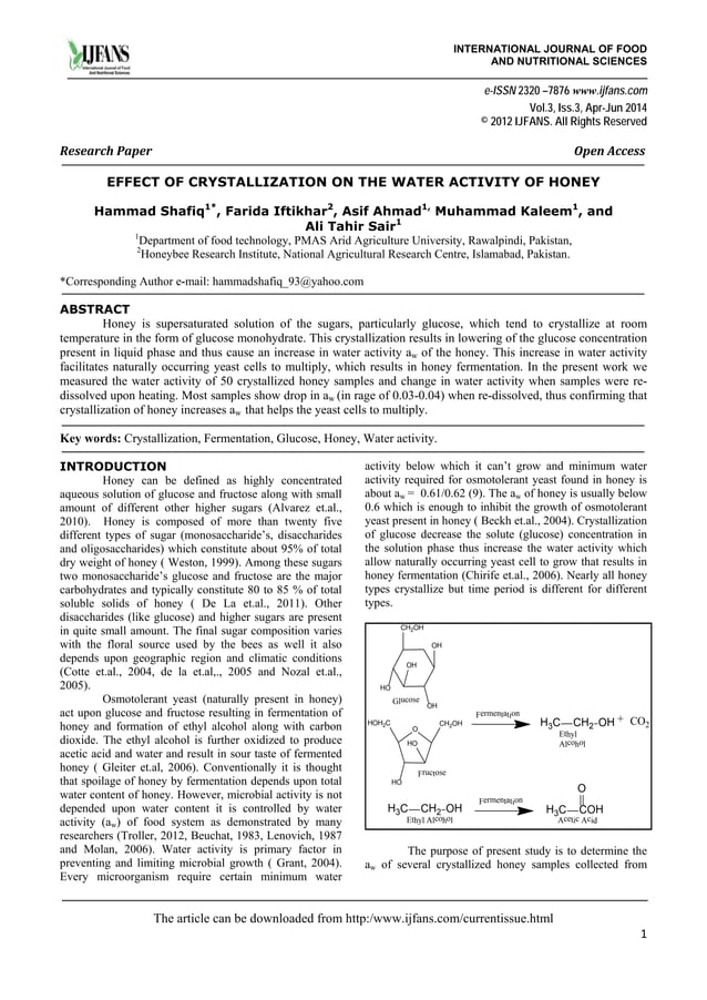 Effect Of Crystallization On The Water Activity Of Honey Pdf