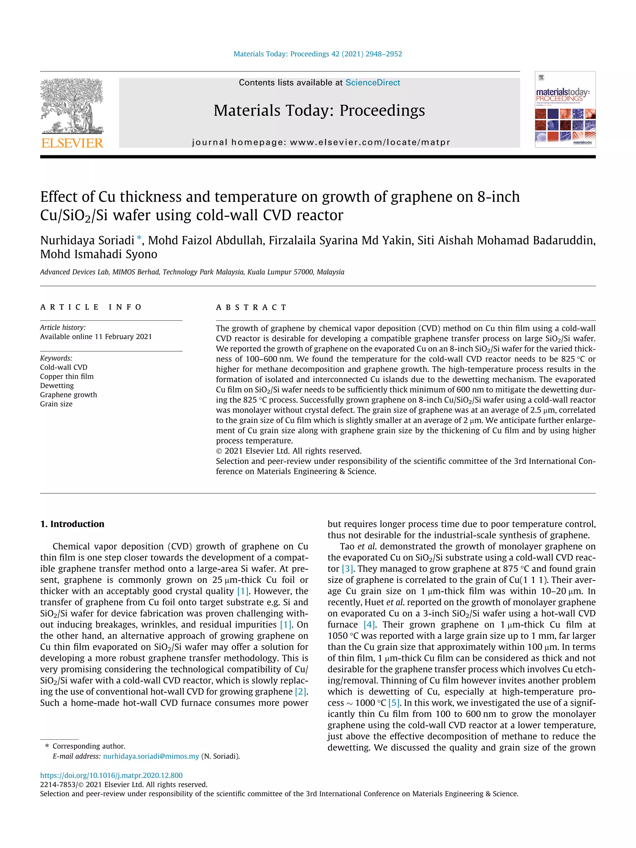 Effect of cu thickness and temperature on growth of graphene on 8 inch ...