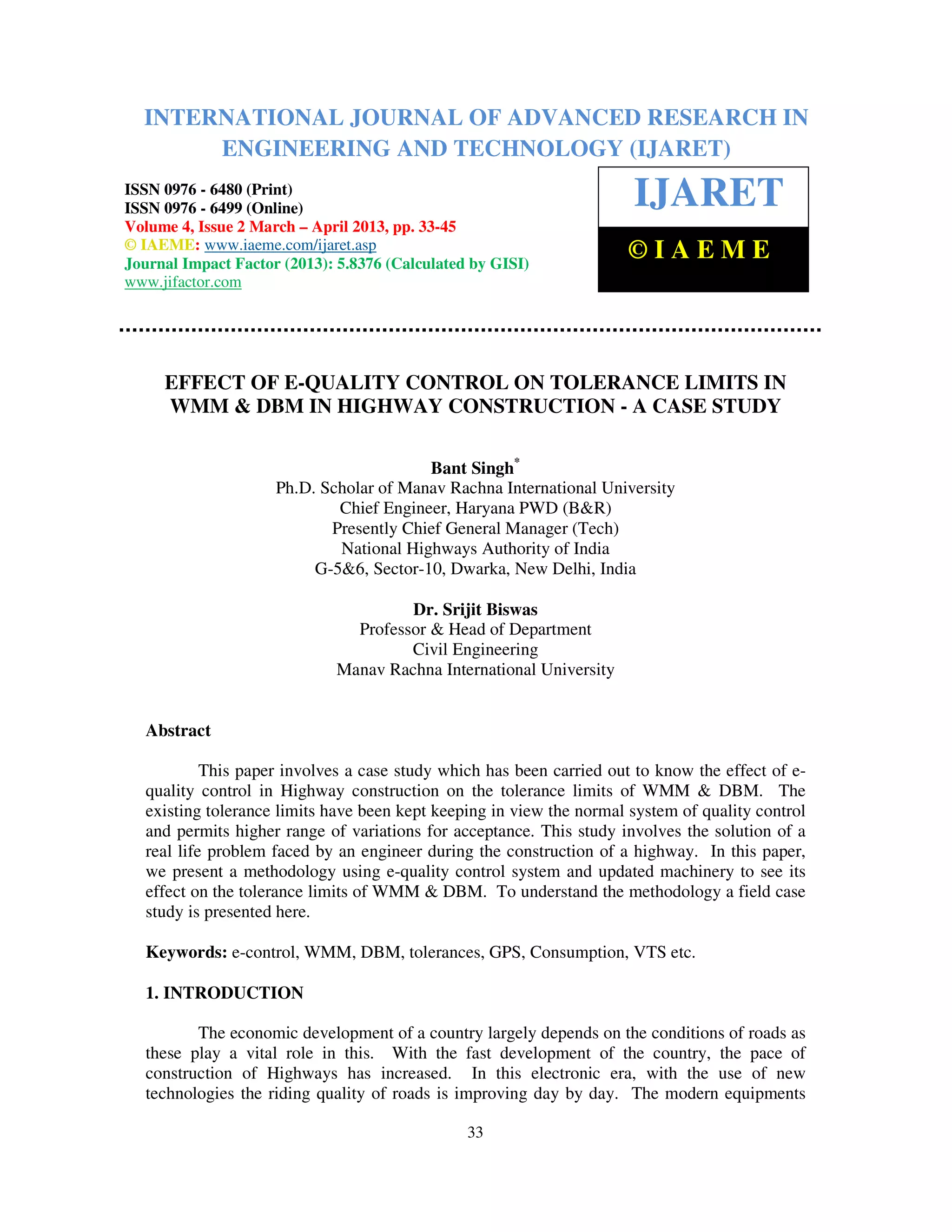 Effect of e quality control on tolerance limits in wmm & dbm in highway ...