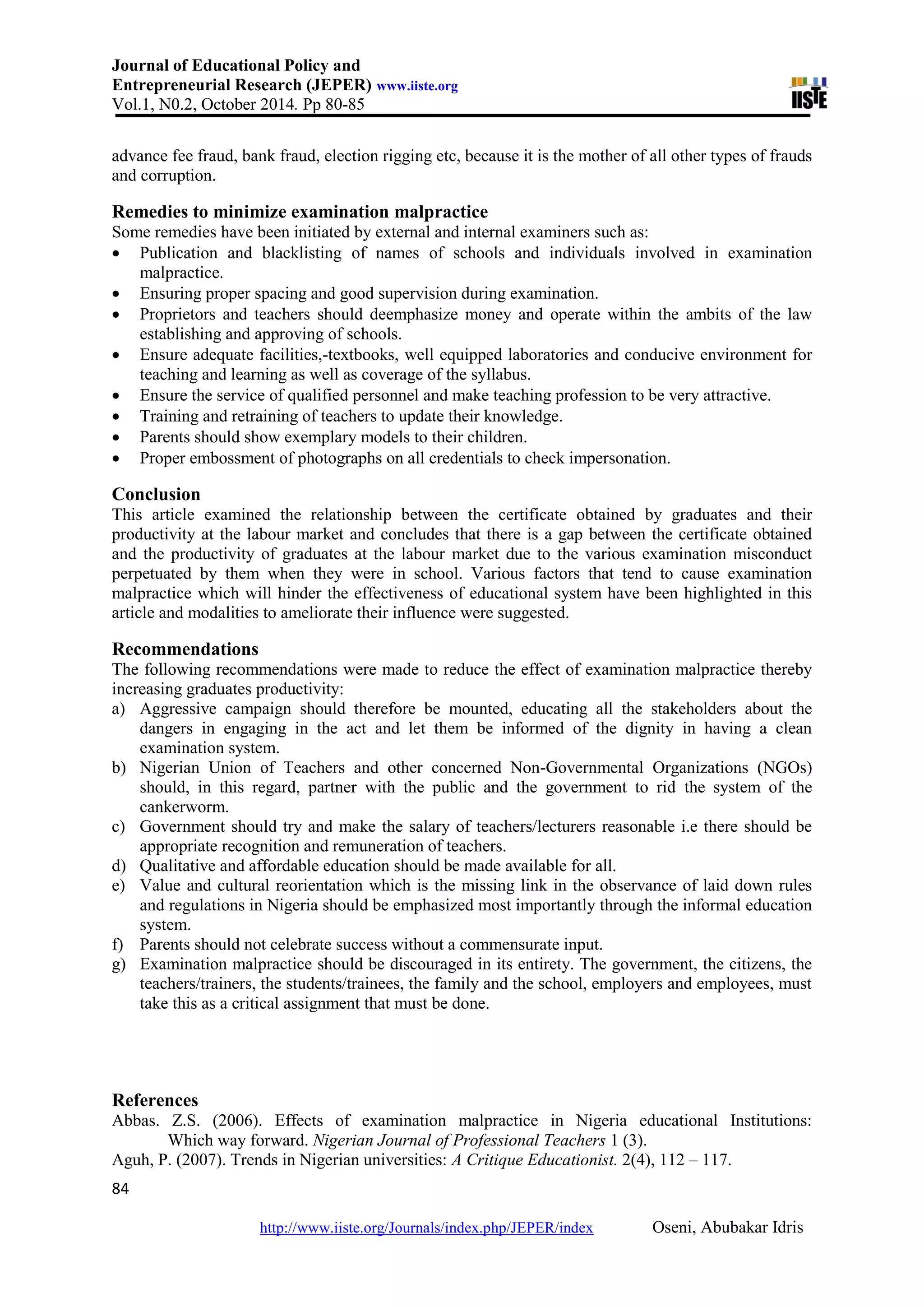 Effect of examination malpractice on nigeria graduate productivity in ...