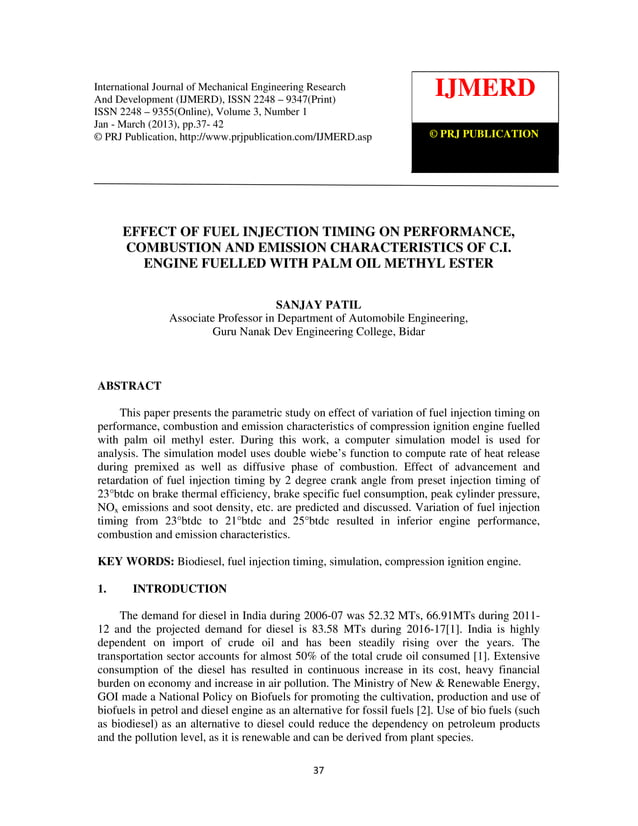 Effect Of Fuel Injection Timing On Performance Combustion And Emission