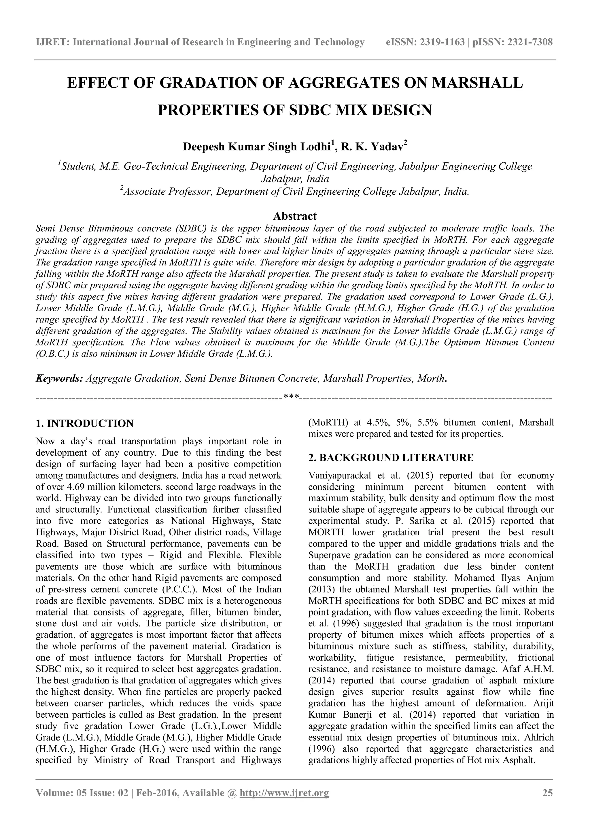 Effect of gradation of aggregates on marshall properties of sdbc mix ...