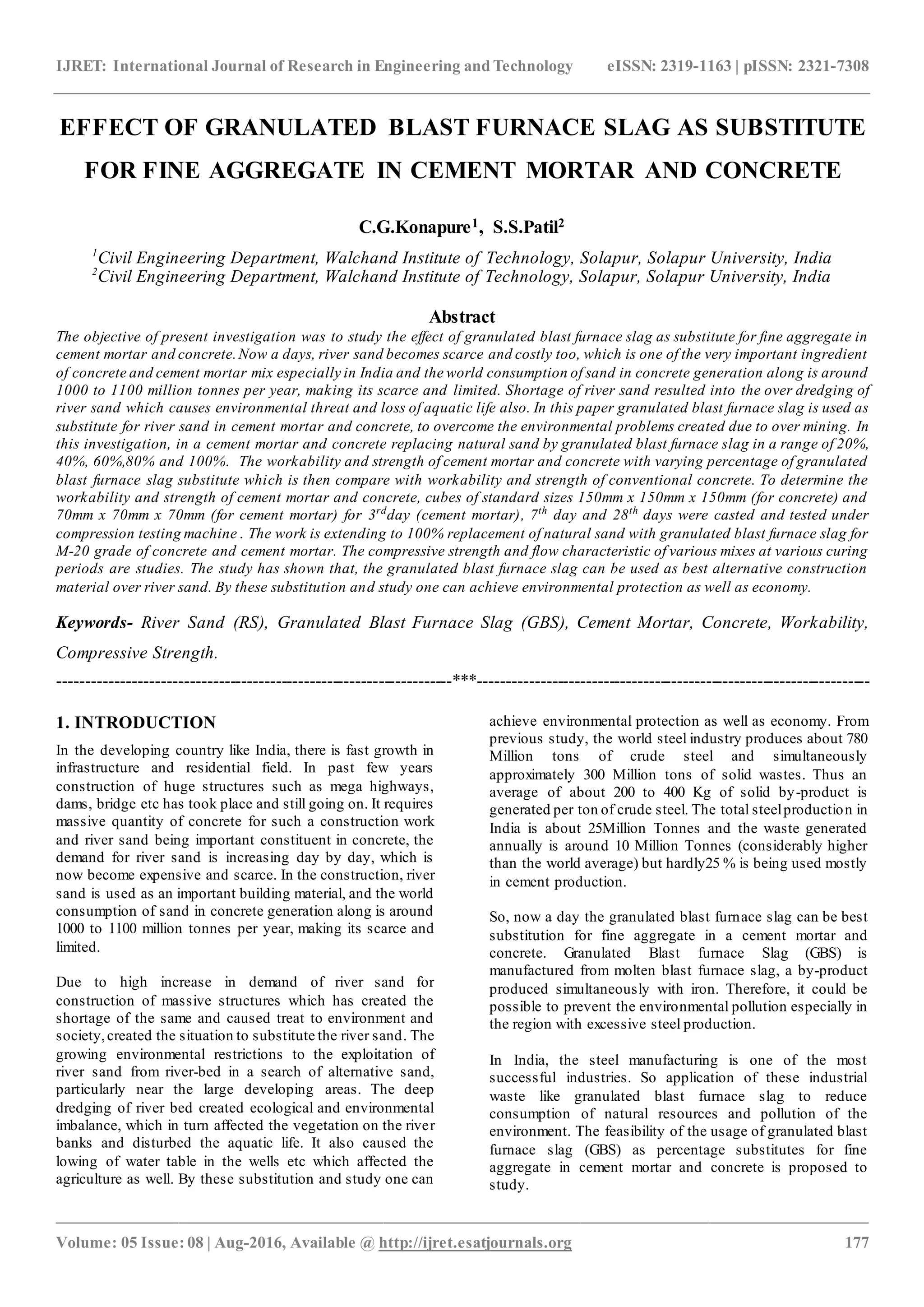 Effect of granulated blast furnace slag as substitute for fine ...