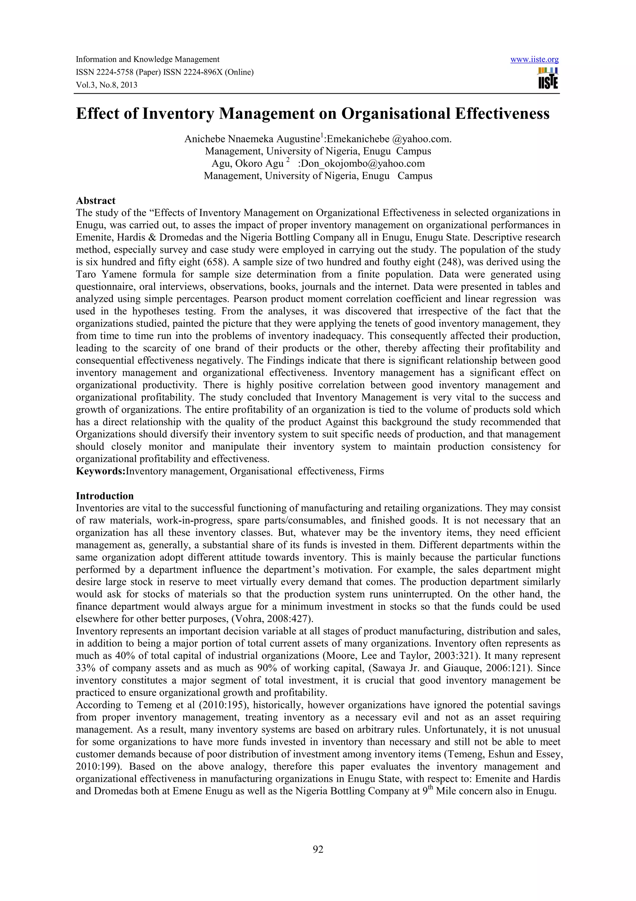 Effect of inventory management on organisational effectiveness | PDF
