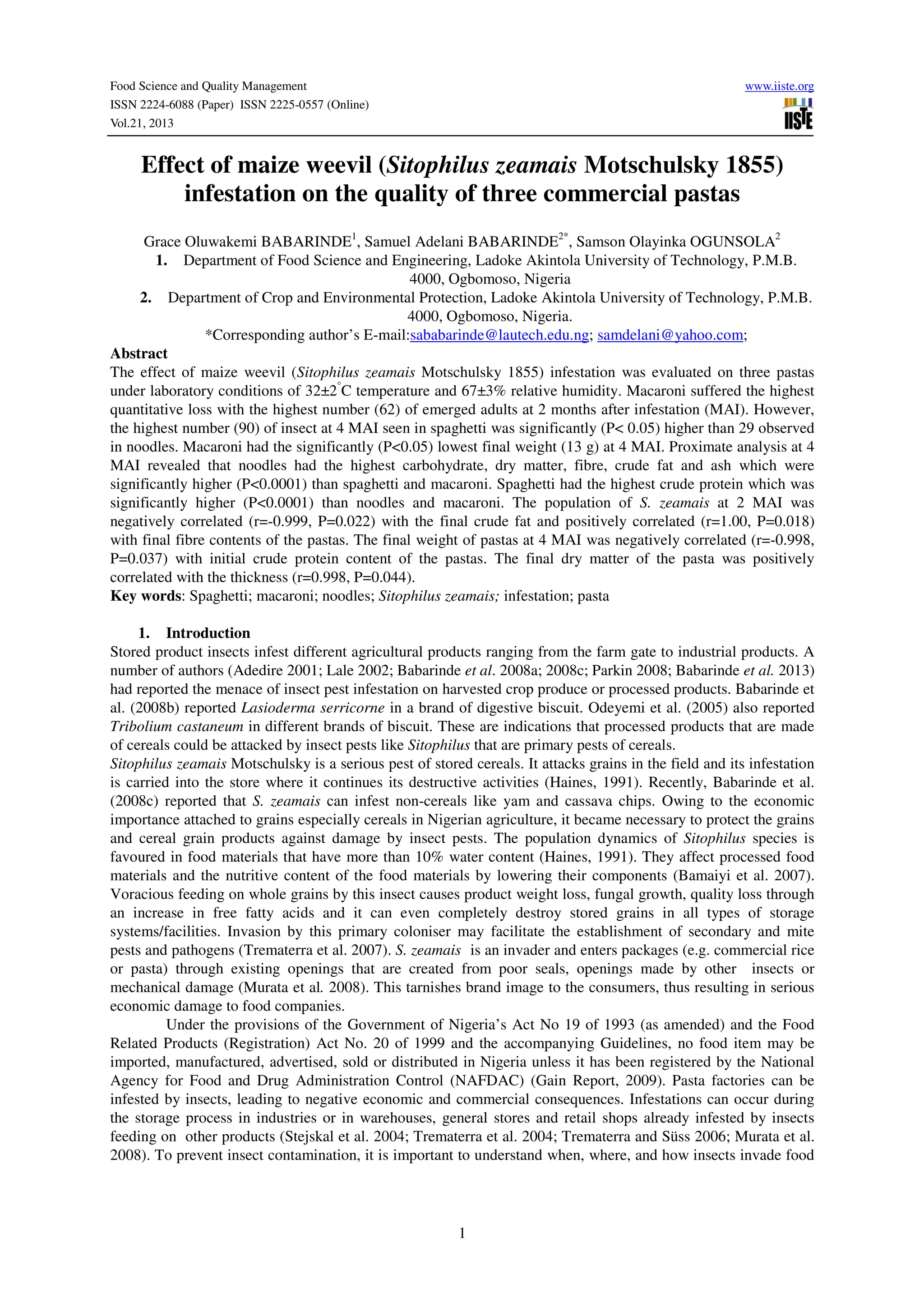 Effect of maize weevil (sitophilus zeamais motschulsky 1855) | PDF