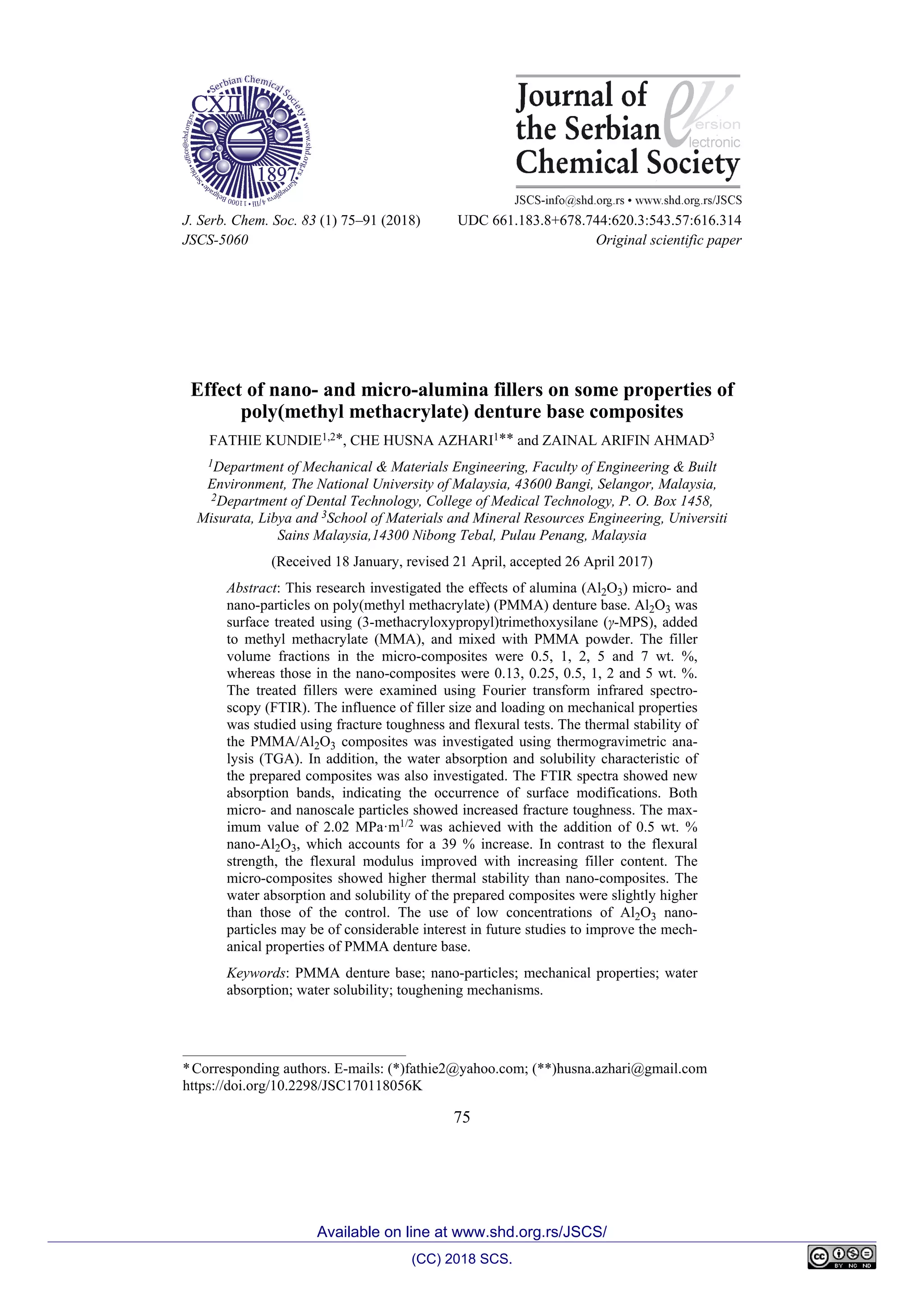 Effect of nano and micro-alumina fillers on some properties of poly(methyl methacrylate) denture ...