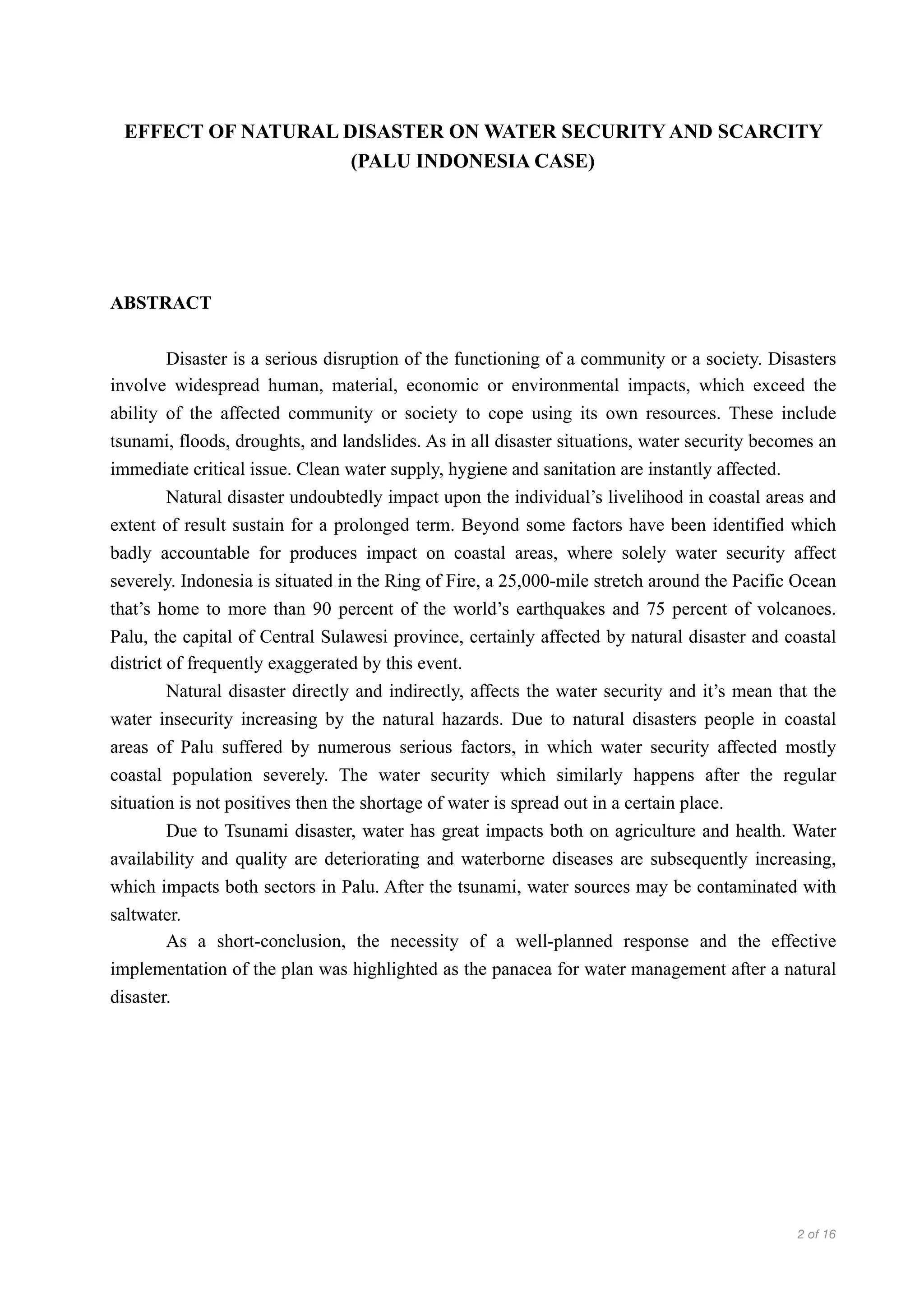 Effect of natural disaster on water security and scarcity (palu ...