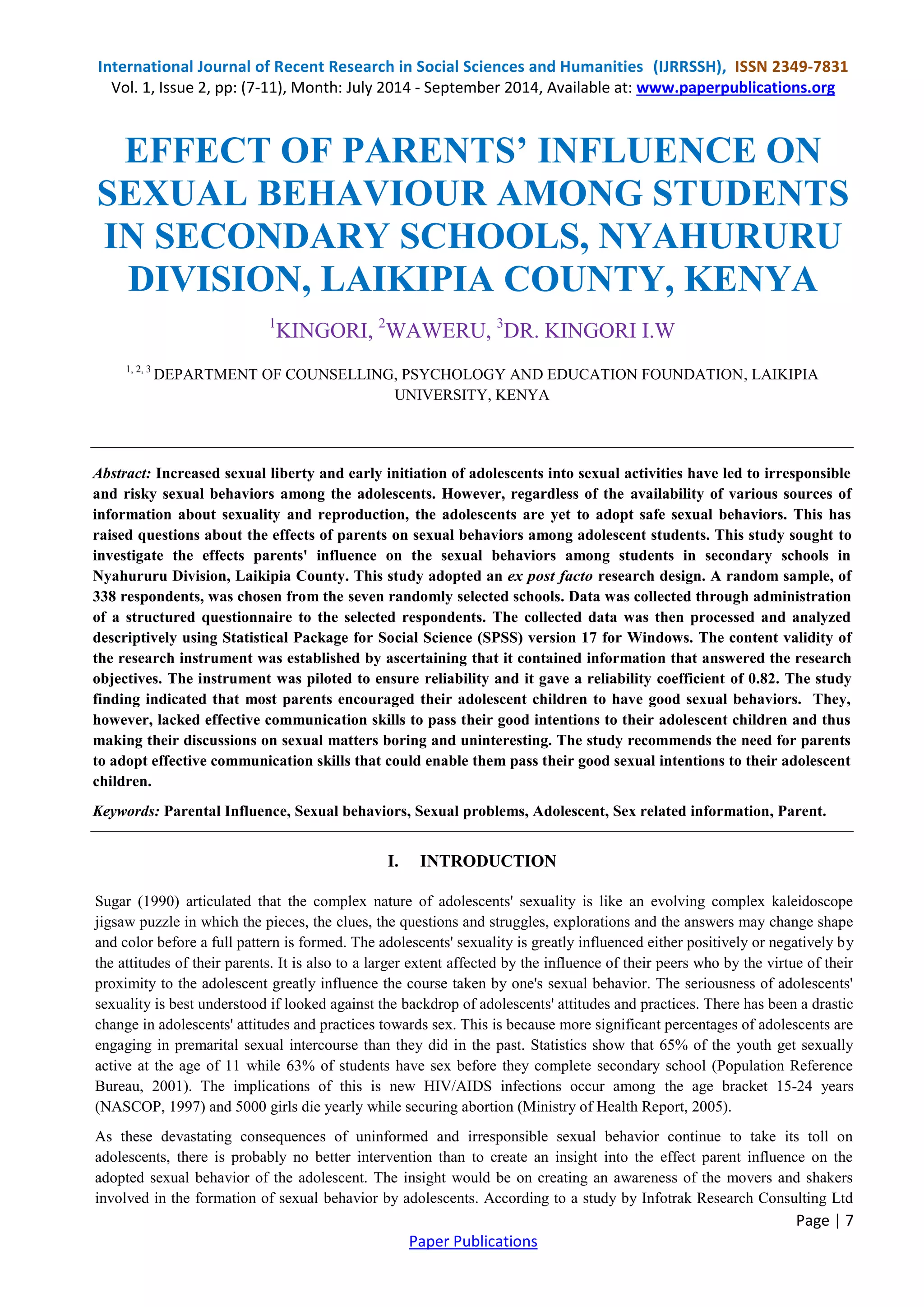 EFFECT OF PARENTS’ INFLUENCE ON SEXUAL BEHAVIOUR AMONG STUDENTS IN SECONDARY SCHOOLS, NYAHURURU ...