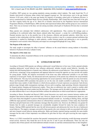 EFFECT OF PARENTS’ INFLUENCE ON SEXUAL BEHAVIOUR AMONG STUDENTS IN SECONDARY SCHOOLS, NYAHURURU ...