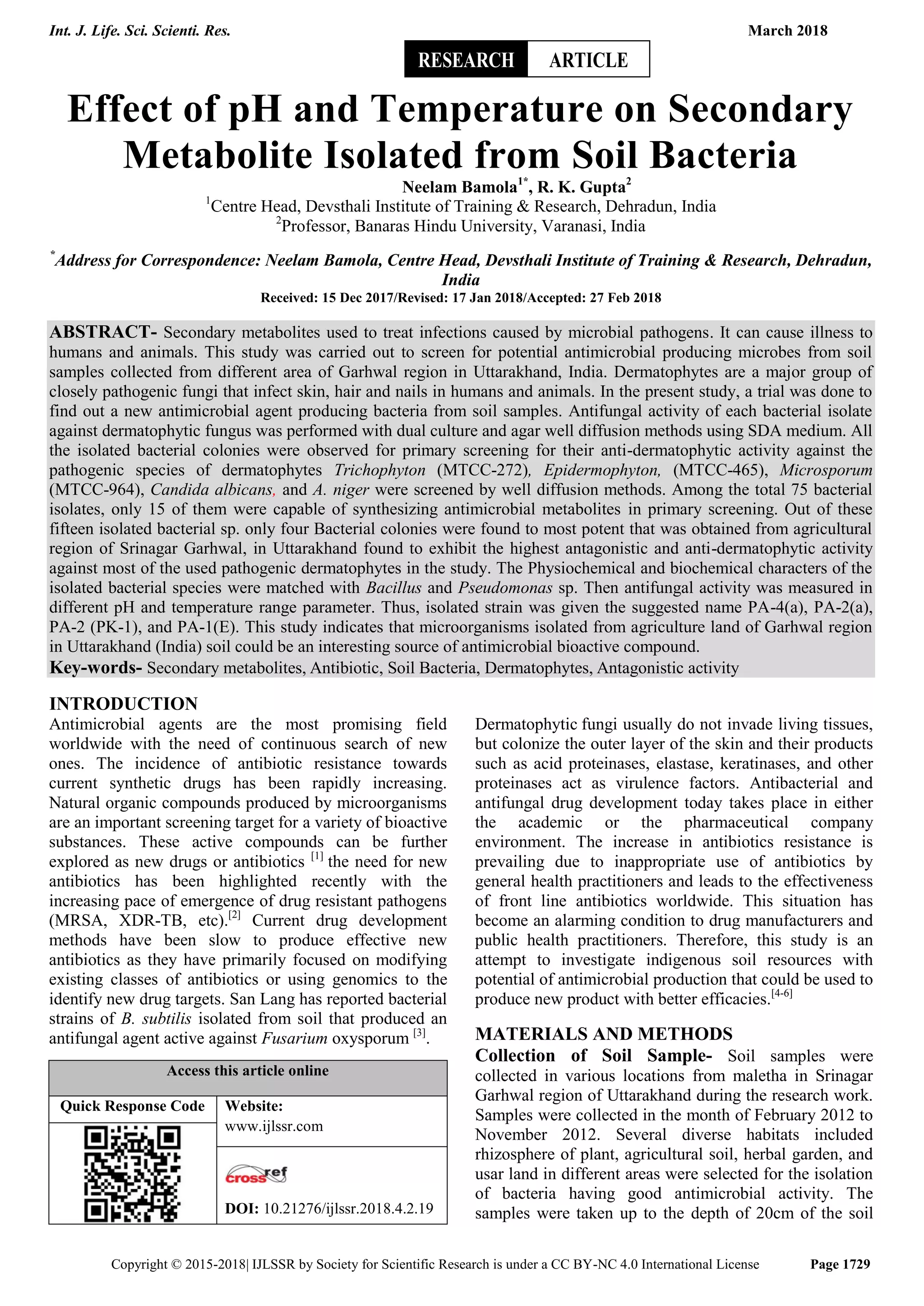 Effect of pH and temperature on secondary metabolite isolated from soil ...