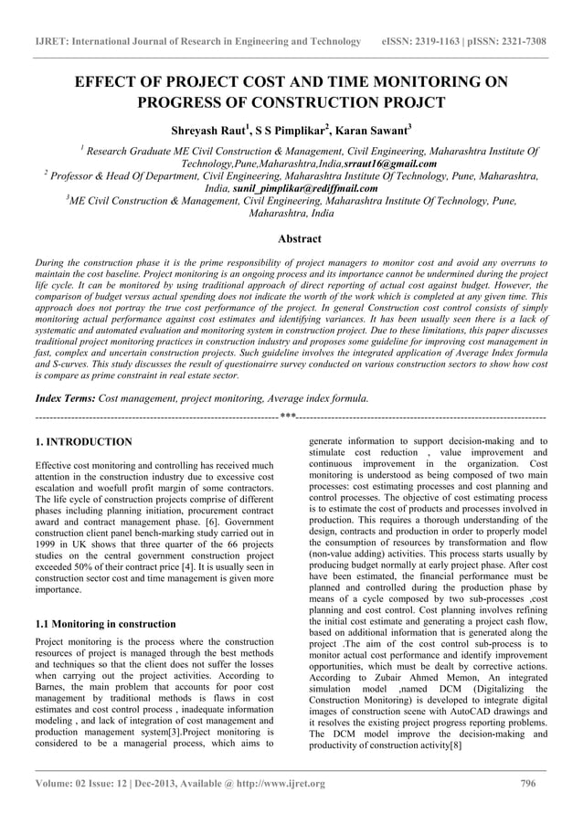Effect of project cost and time monitoring on progress of construction ...