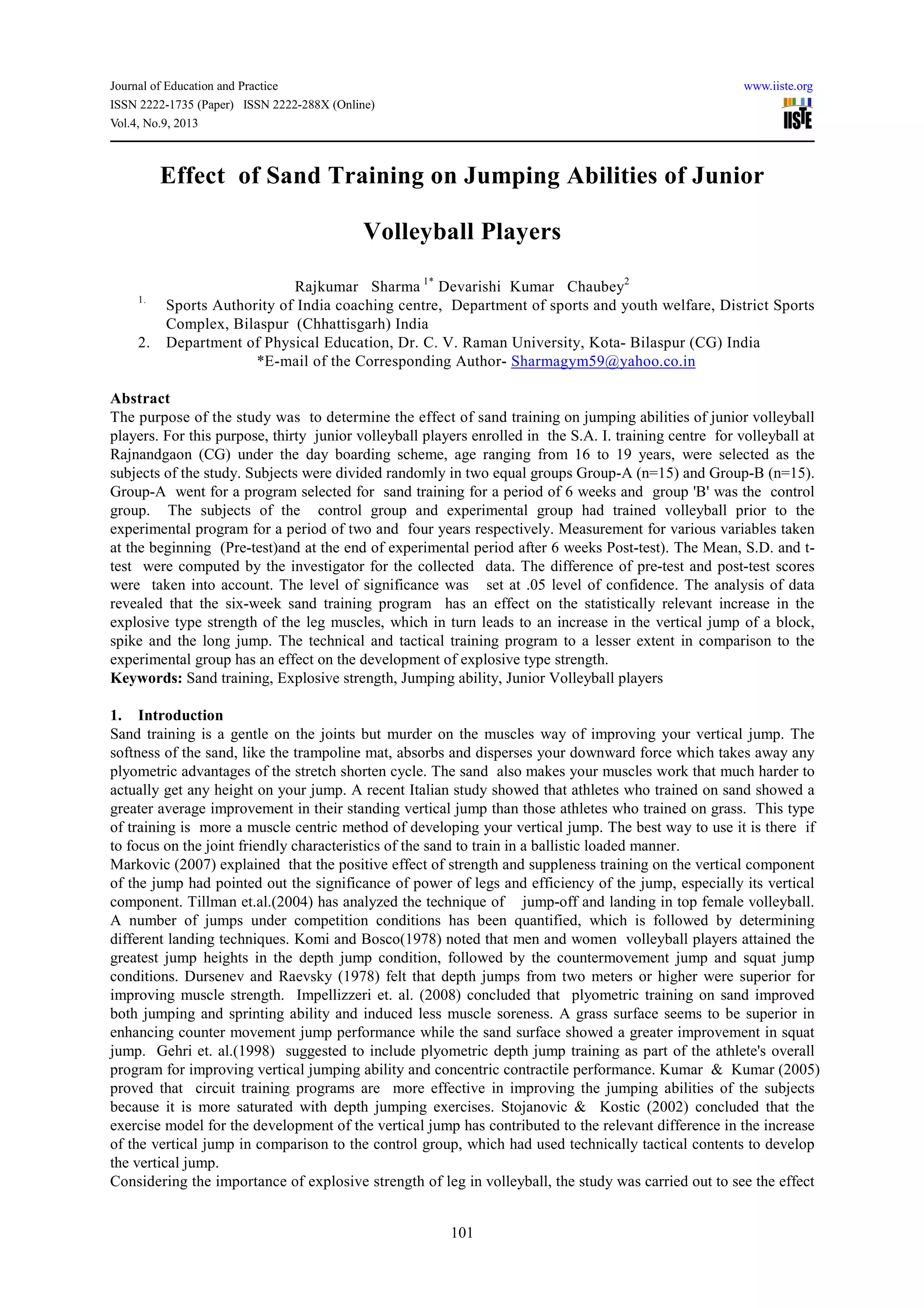 Effect of sand training on jumping abilities of junior volleyball ...