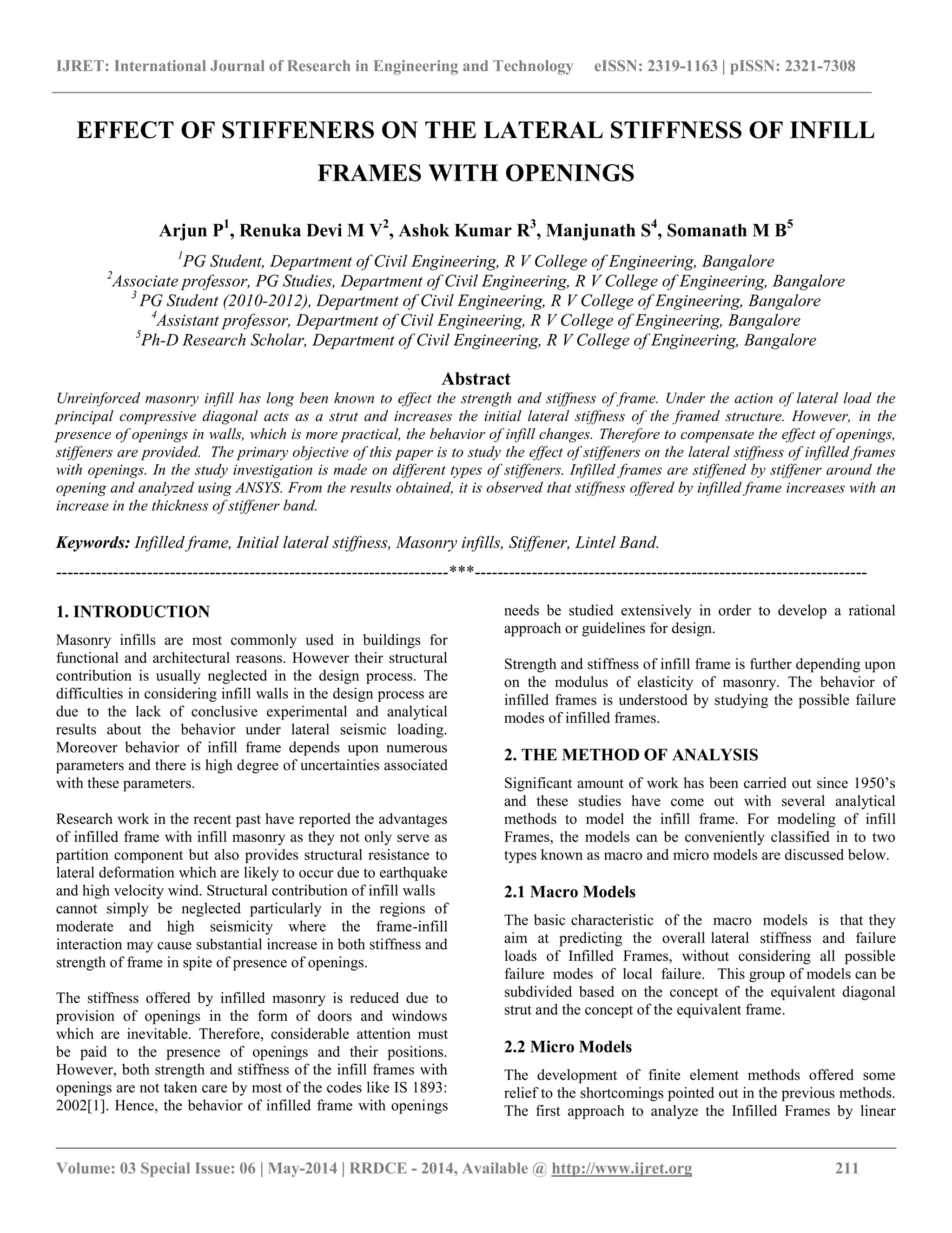 Effect of stiffeners on the lateral stiffness of infill frames with openings | PDF