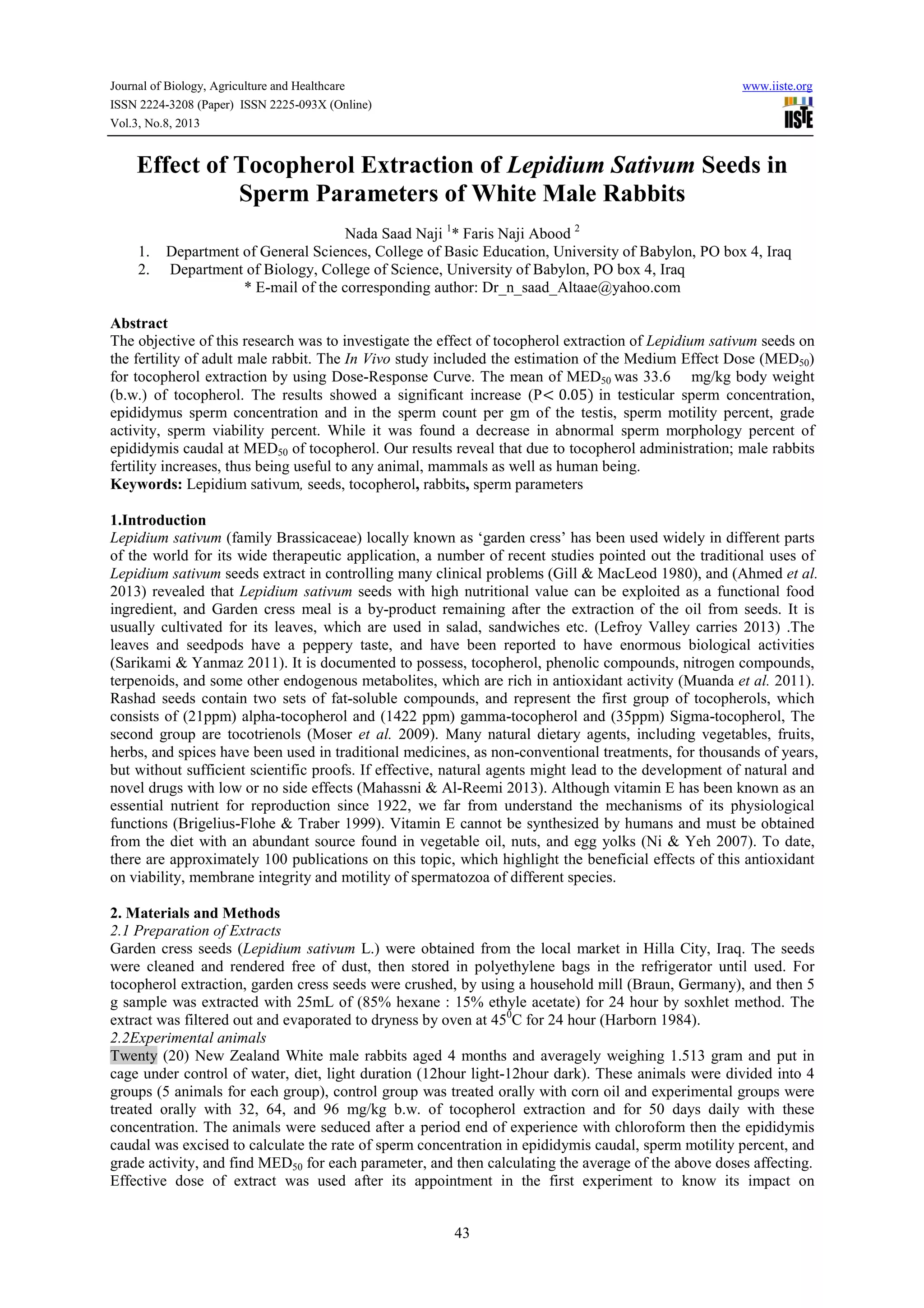 Effect of tocopherol extraction of lepidium sativum seeds in sperm ...