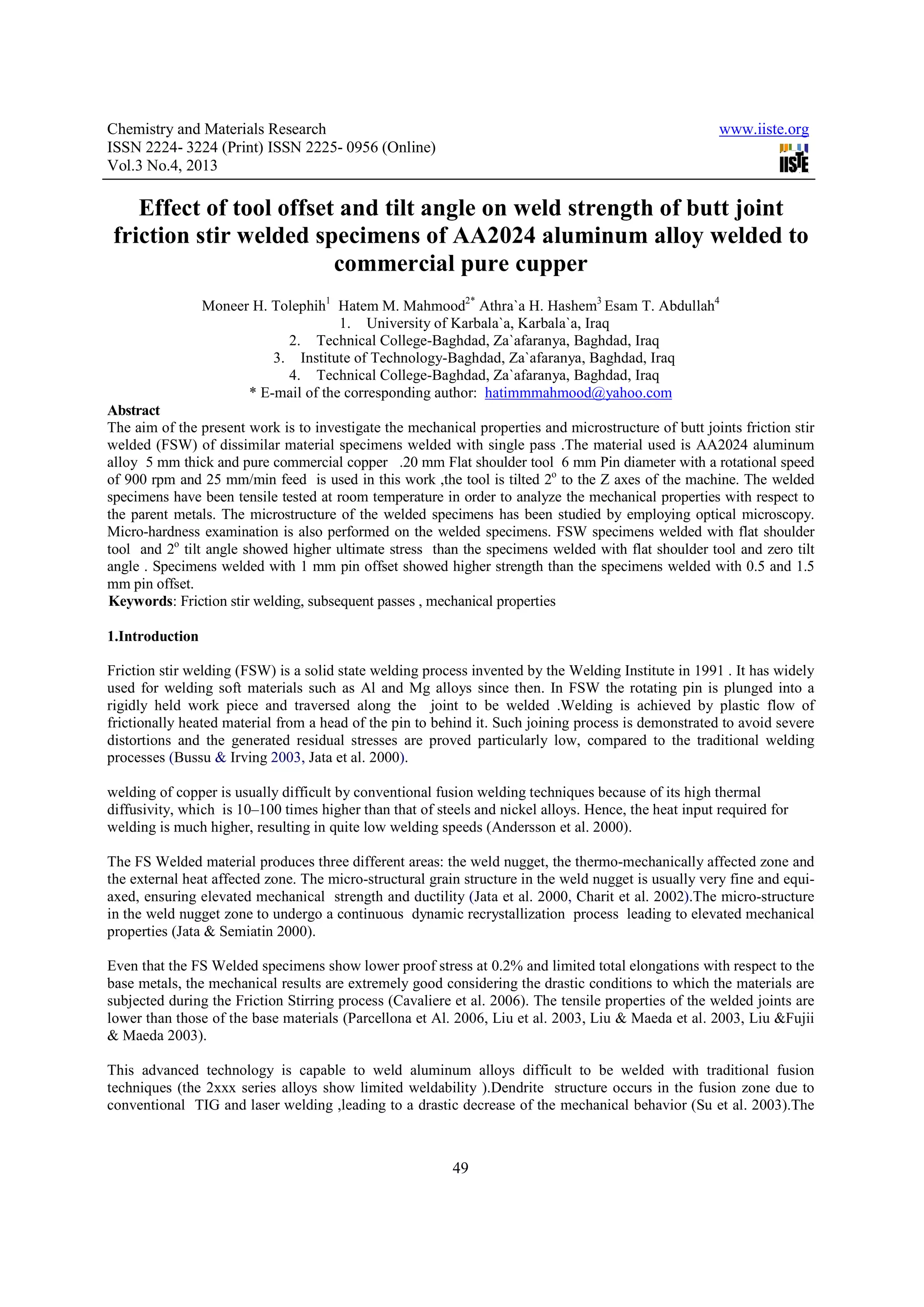 Effect of tool offset and tilt angle on weld strength of butt joint ...