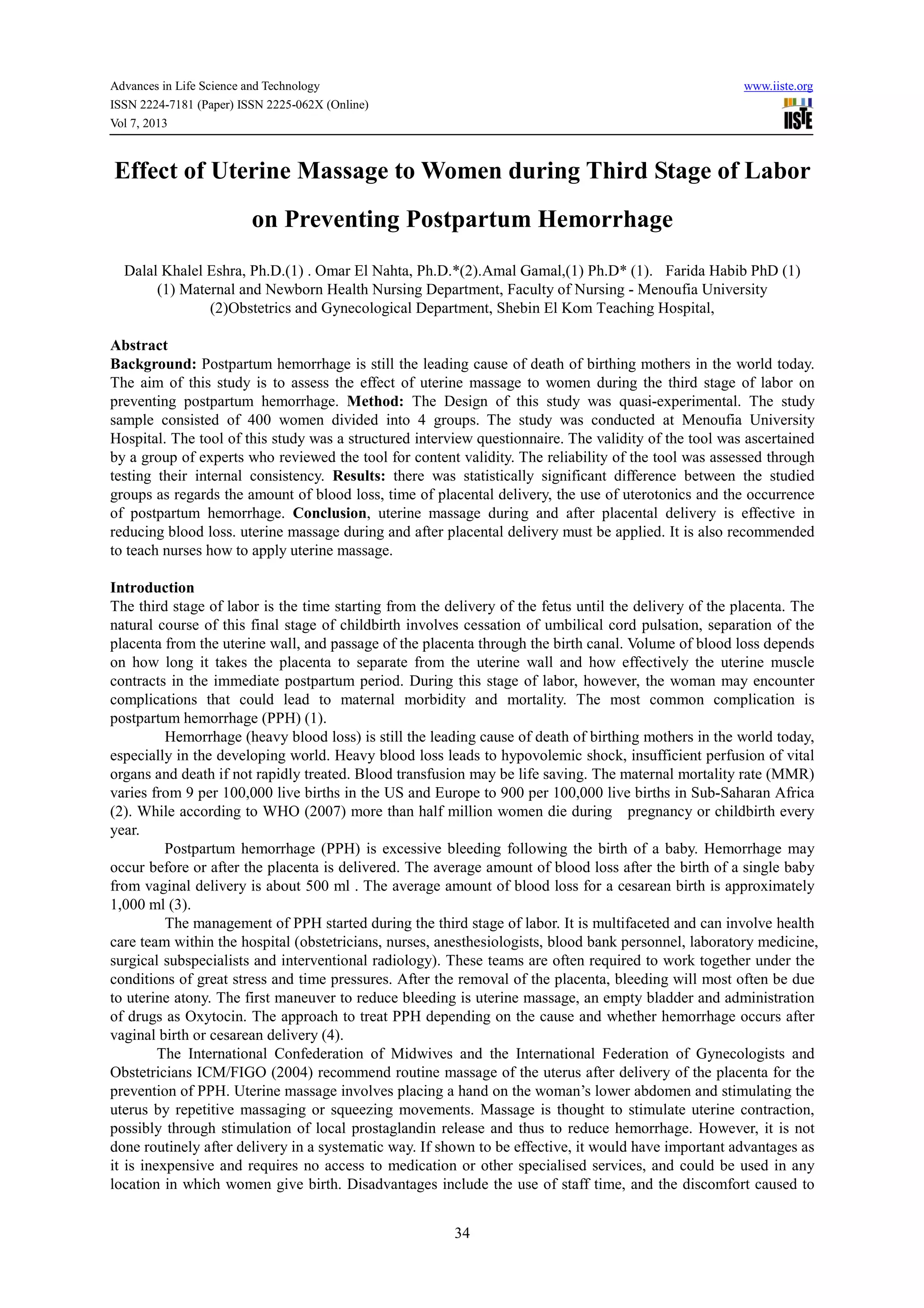 Effect of uterine massage to women during third stage of labor on ...