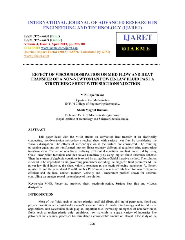 Effect of viscous dissipation on mhd flow and heat transfer of a non newtonian power-law fluid ...