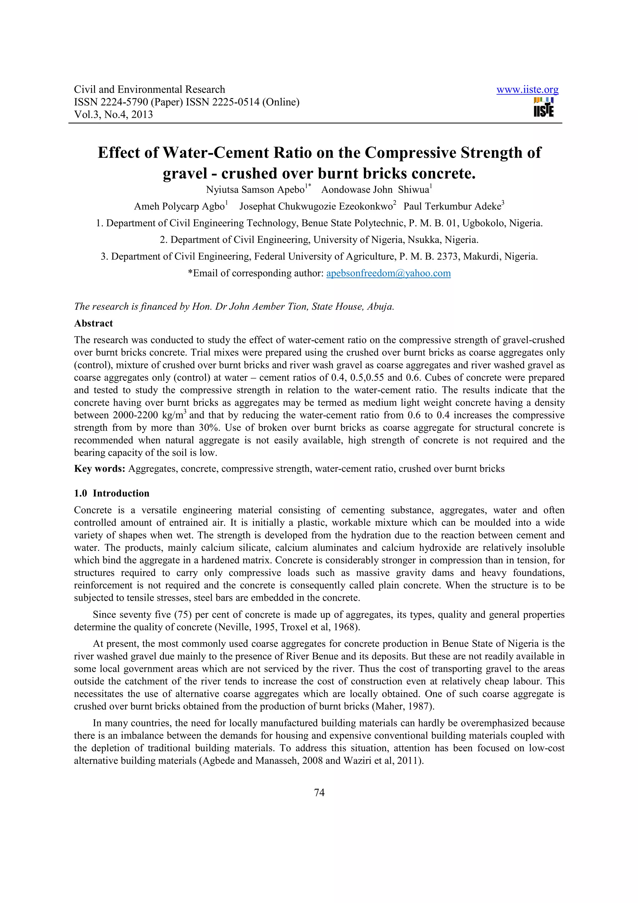 Effect of water cement ratio on the compressive strength of gravel ...