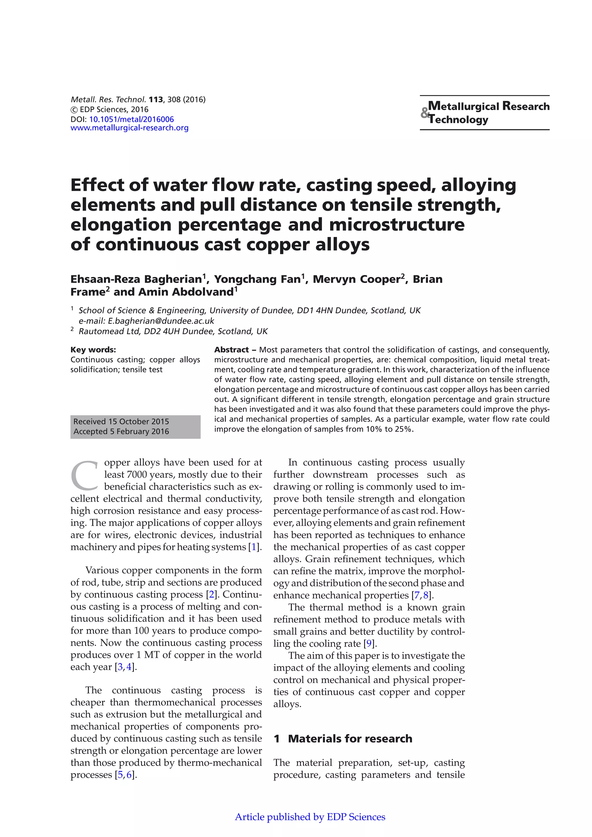 Effect of water flow rate casting speed alloying element and pull distance on tensile strength ...