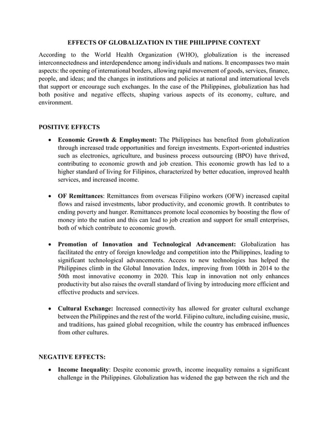 EFFECTS OF GLOBALIZATION IN THE PHILIPPINE CONTEXT | DOCX | Economy | Business and Finance
