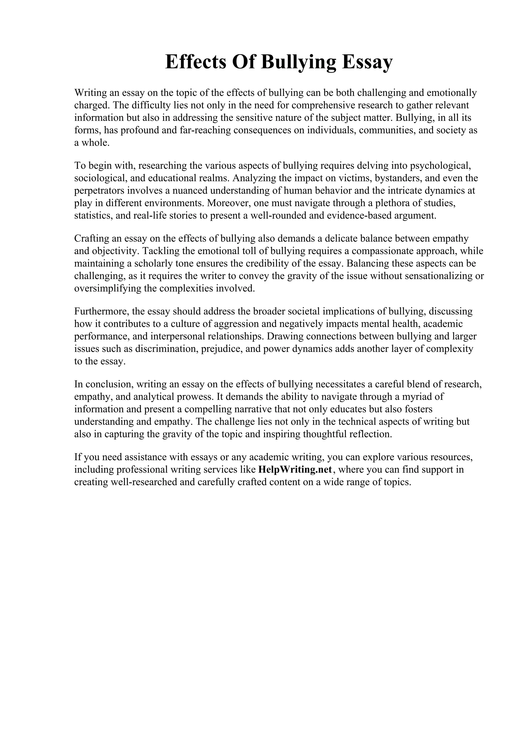 Effects Of Bullying Essay. Effects of Bullying on the Victim - Free Essay Example - 731 Words ...