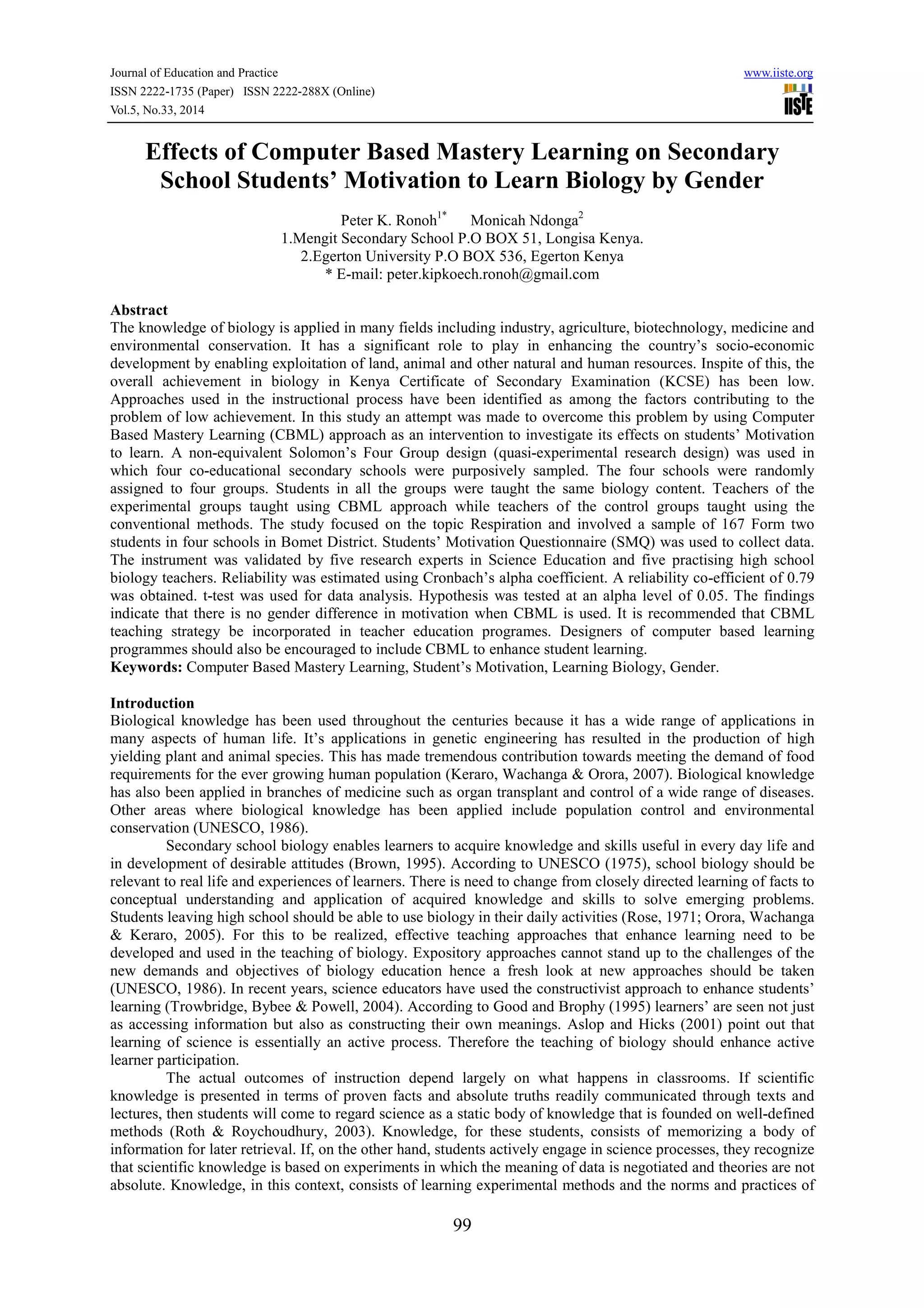 Effects of computer based mastery learning on secondary school students ...