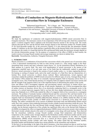 Effects of conduction on magneto hydrodynamics mixed convection flow in triangular enclosures | PDF
