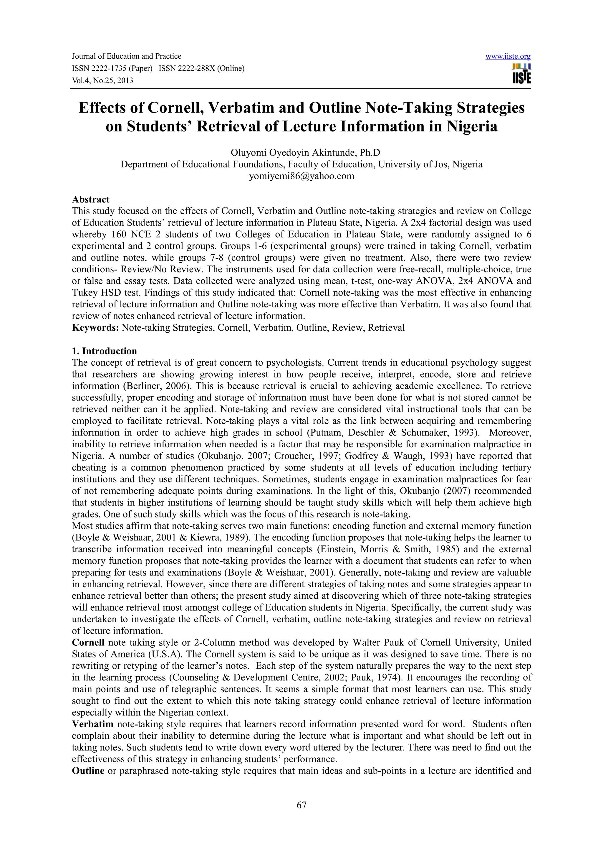 Effects of cornell, verbatim and outline note taking strategies on ...