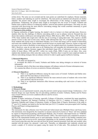 Effects of cornell, verbatim and outline note taking strategies on ...