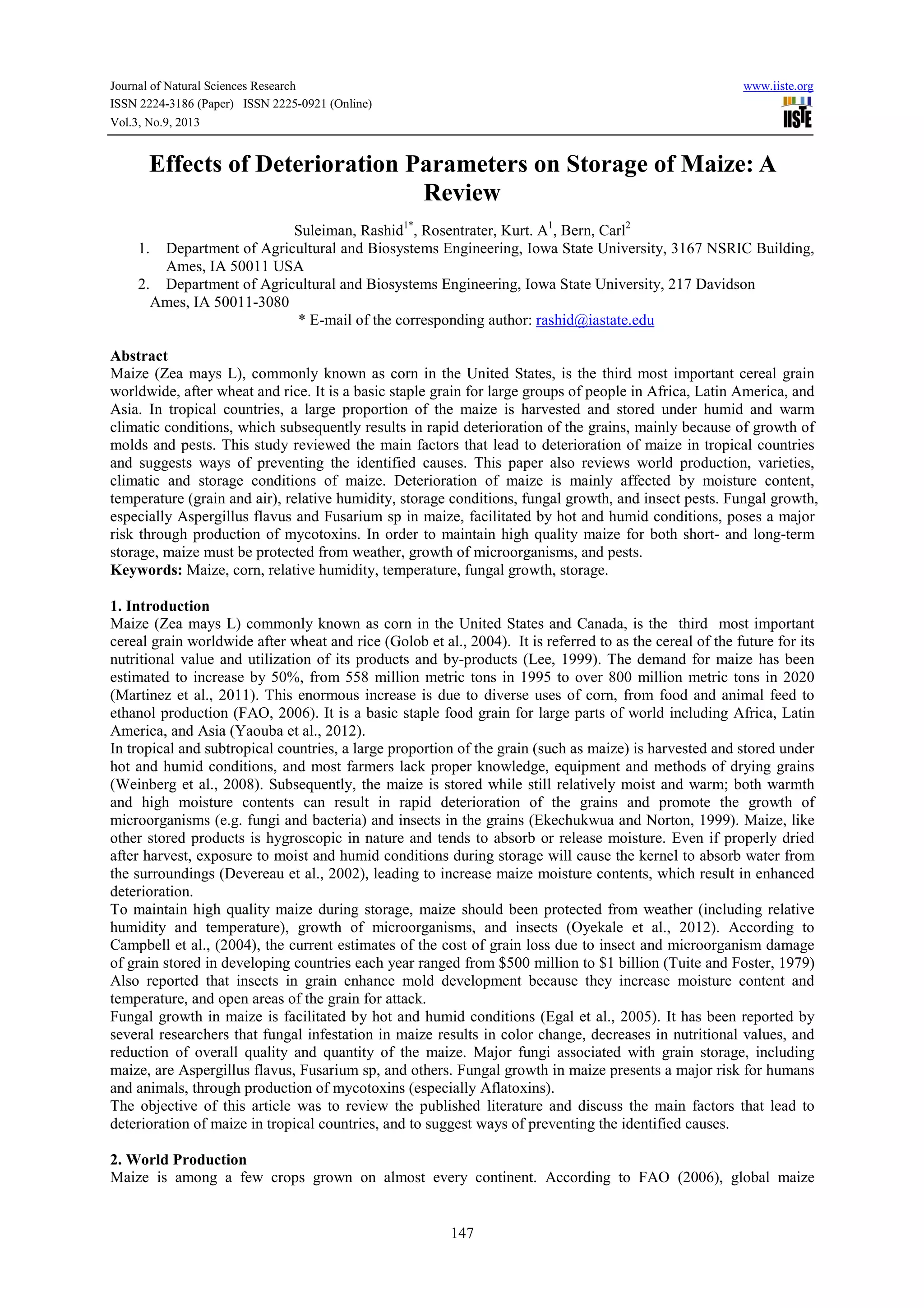 Effects of deterioration parameters on storage of maize a review | PDF