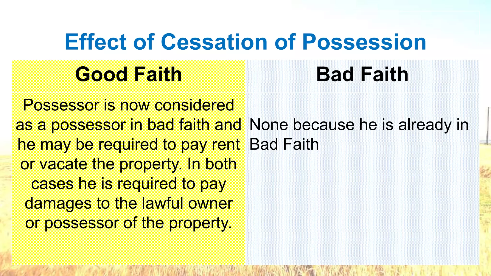 Effects of good faith and bad faith in possession | PPT