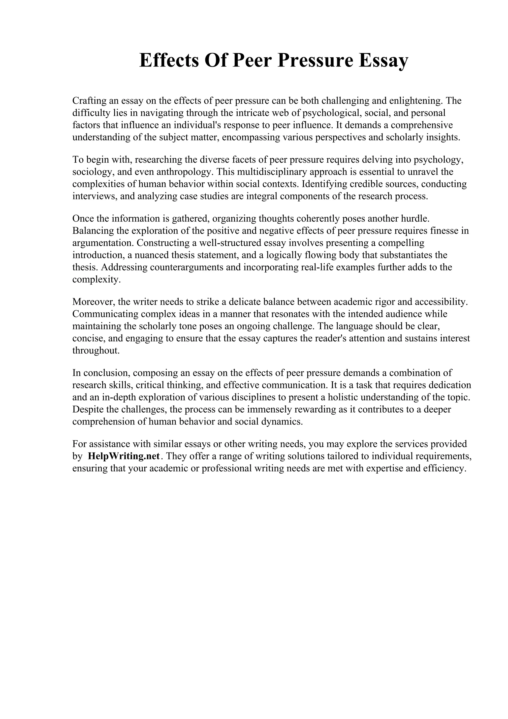 Effects Of Peer Pressure Essay. University of Central Oklahoma | PDF