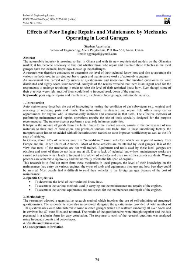 Effects of poor engine repairs and maintenance by mechanics operating ...