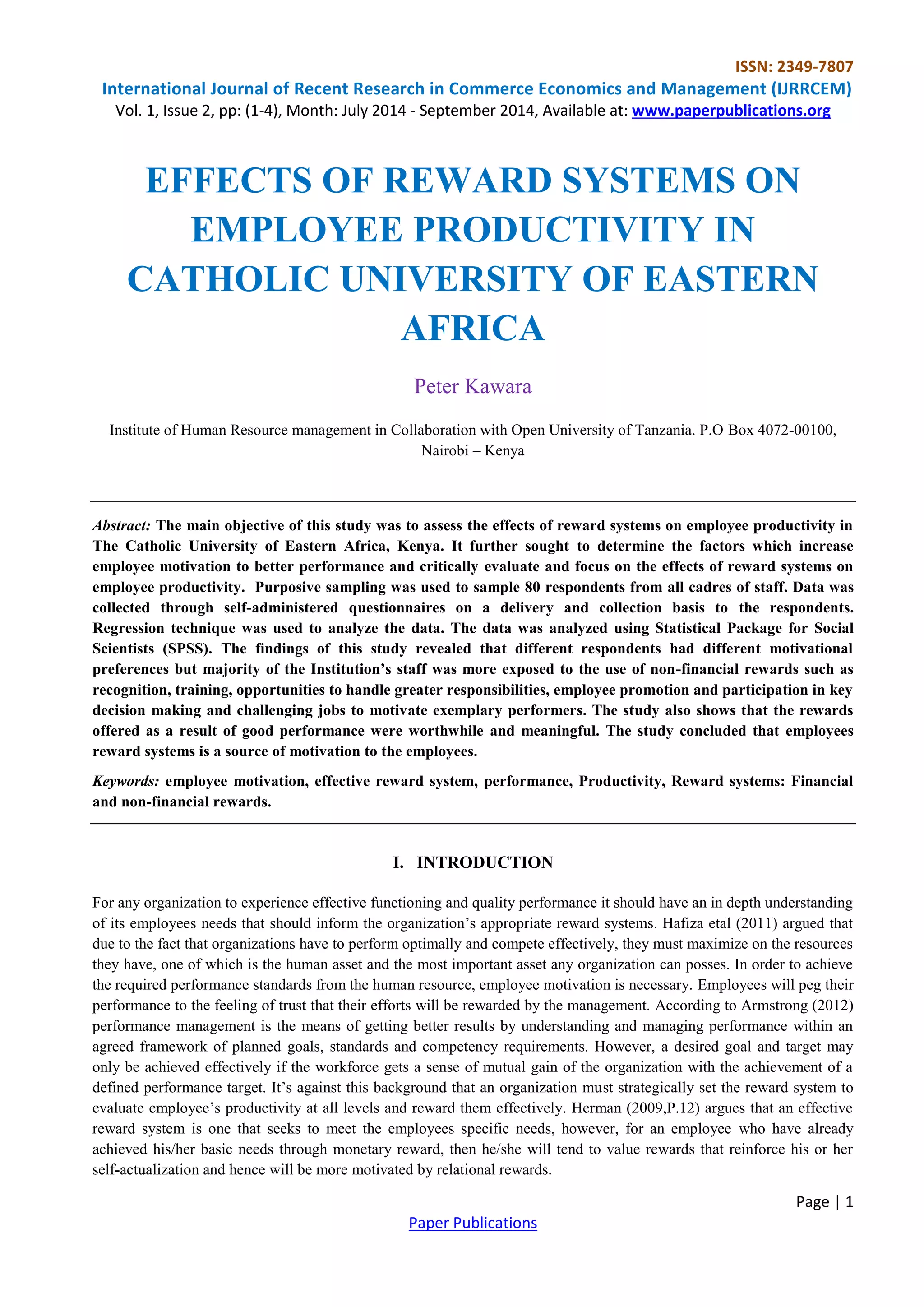 EFFECTS OF REWARD SYSTEMS ON EMPLOYEE PRODUCTIVITY IN CATHOLIC ...