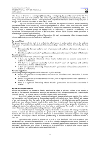 Effects of student teacher ratio on academic achievement of selected ...
