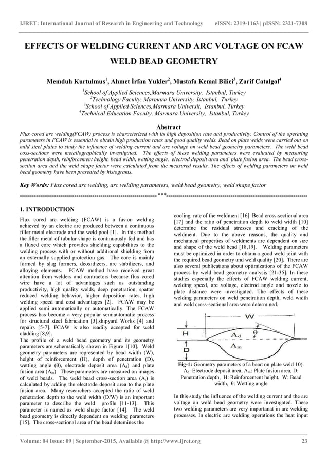 Effects of welding current and arc voltage on fcaw weld bead geometry | PDF