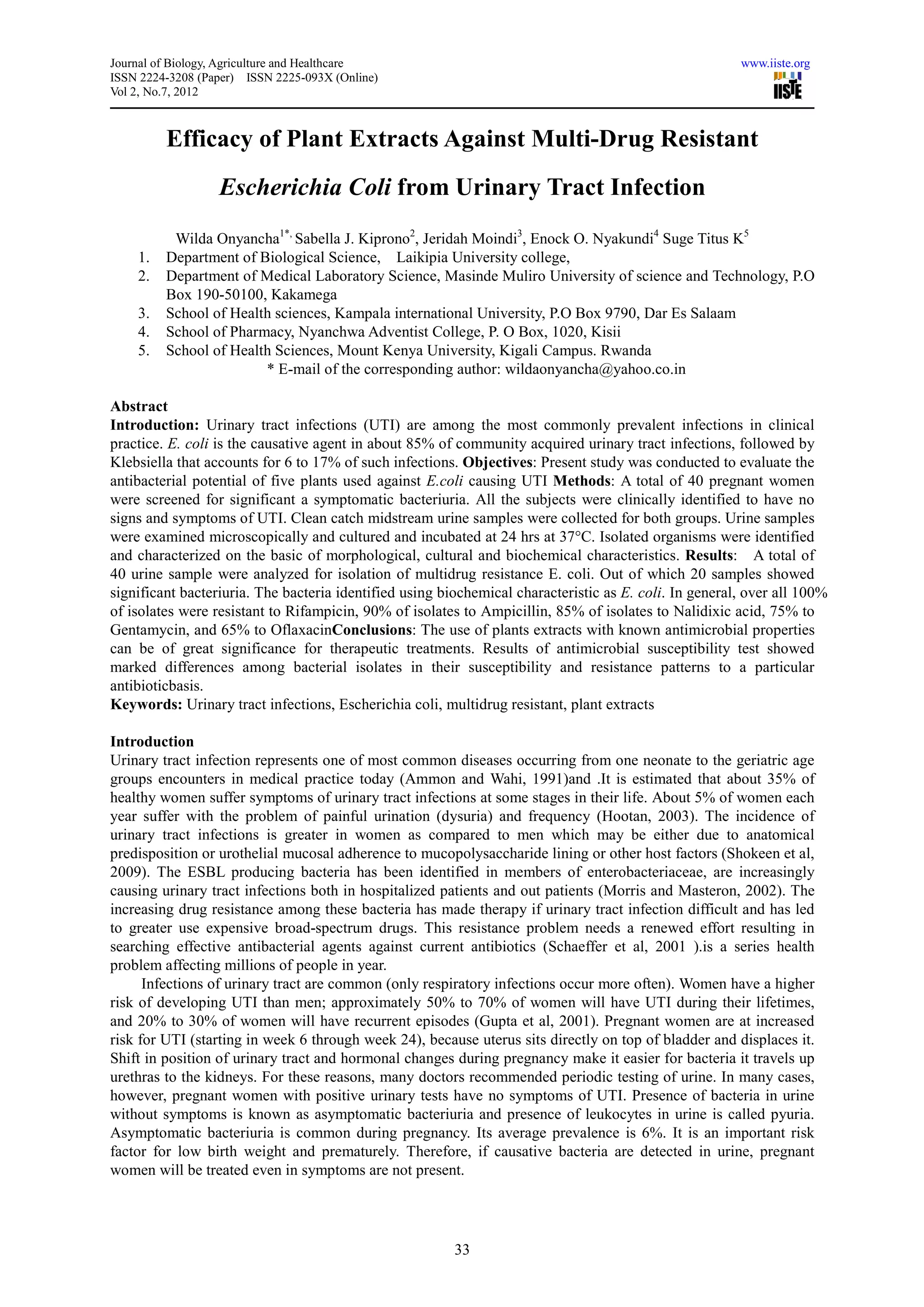 Efficacy of plant extracts against multi drug resistant escherichia coli from urinary tract ...