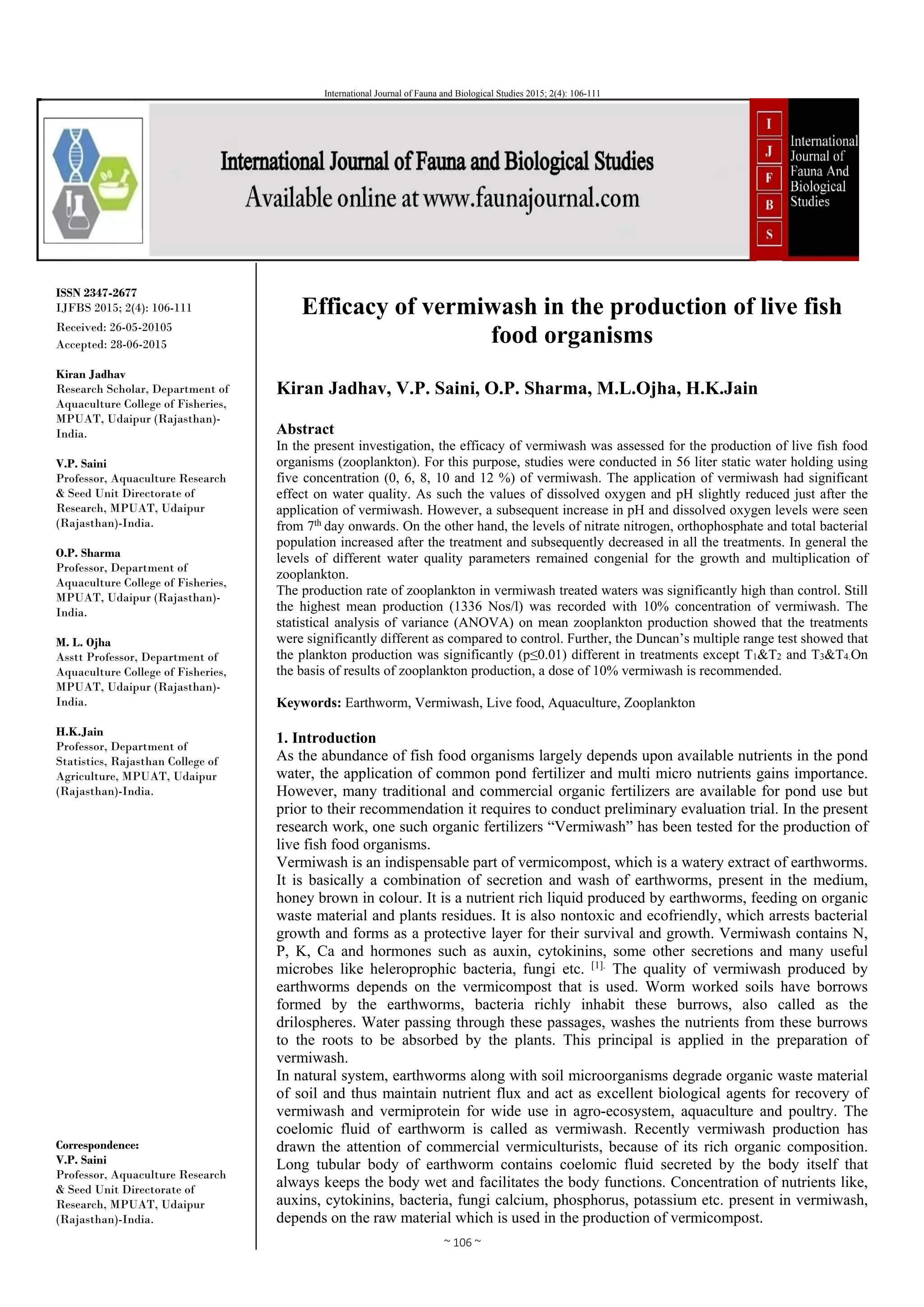 "Efficacy of vermiwash in the production of live fish food organisms" | PDF