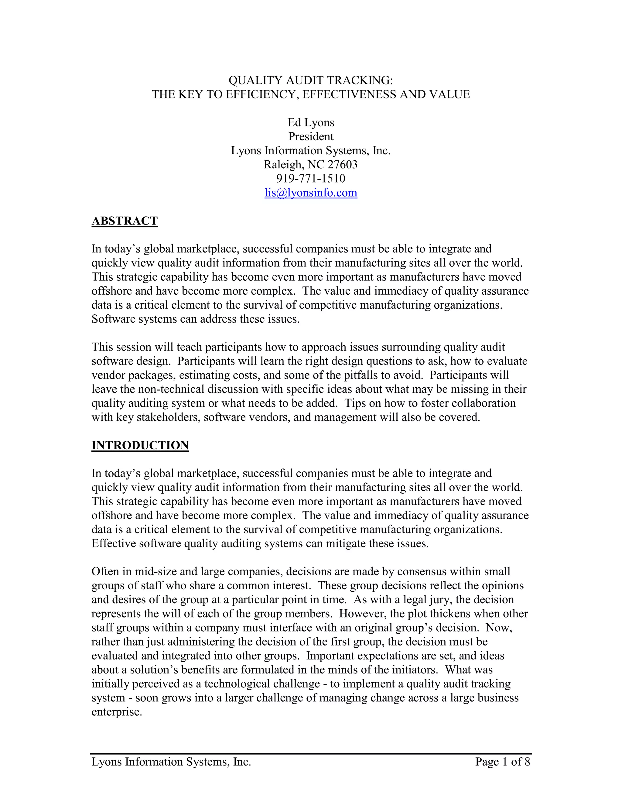 QUALITY AUDIT TRACKING: THE KEY TO EFFICIENCY, EFFECTIVENESS AND VALUE ...