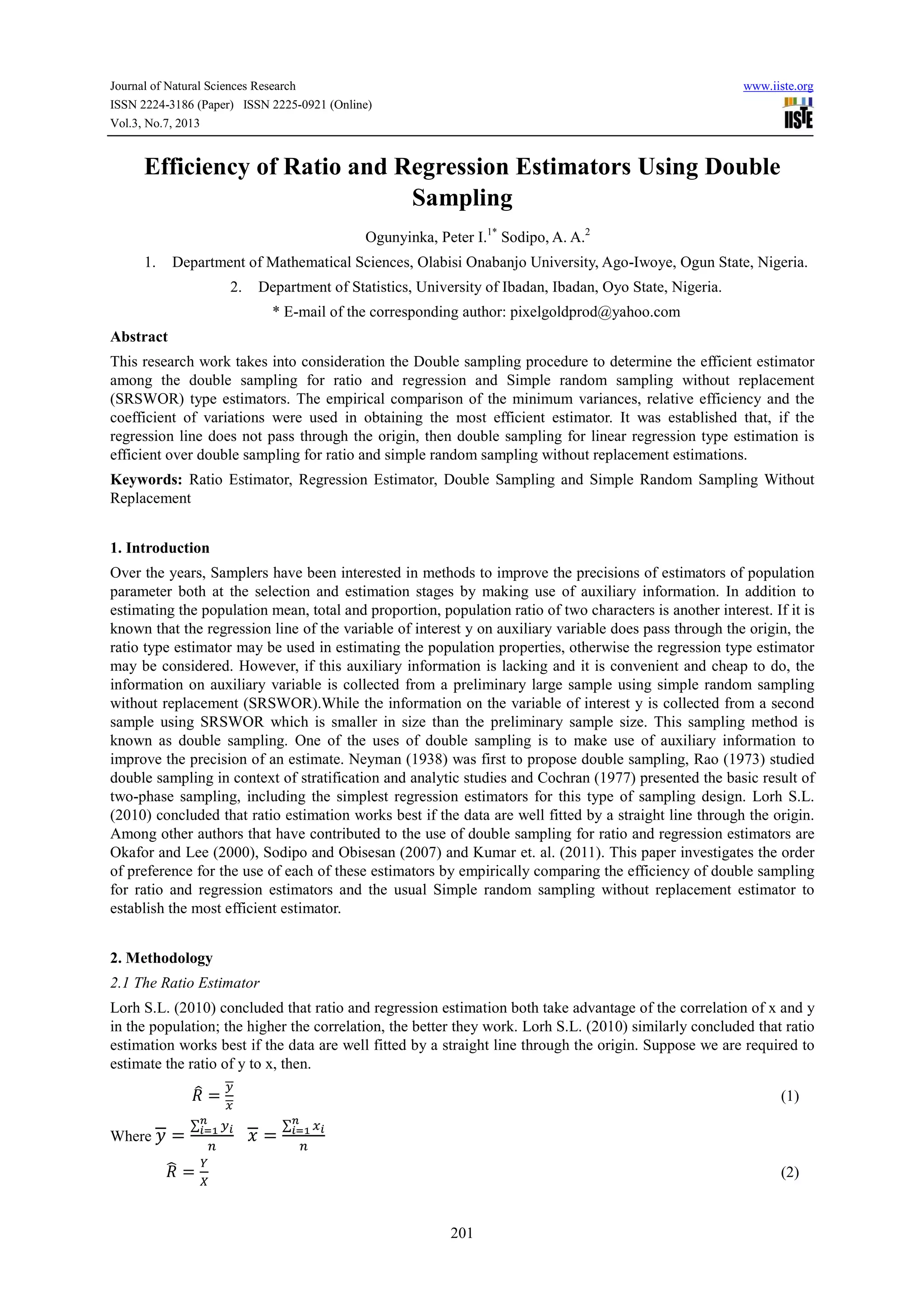Efficiency Of Ratio And Regression Estimators Using Double Sampling