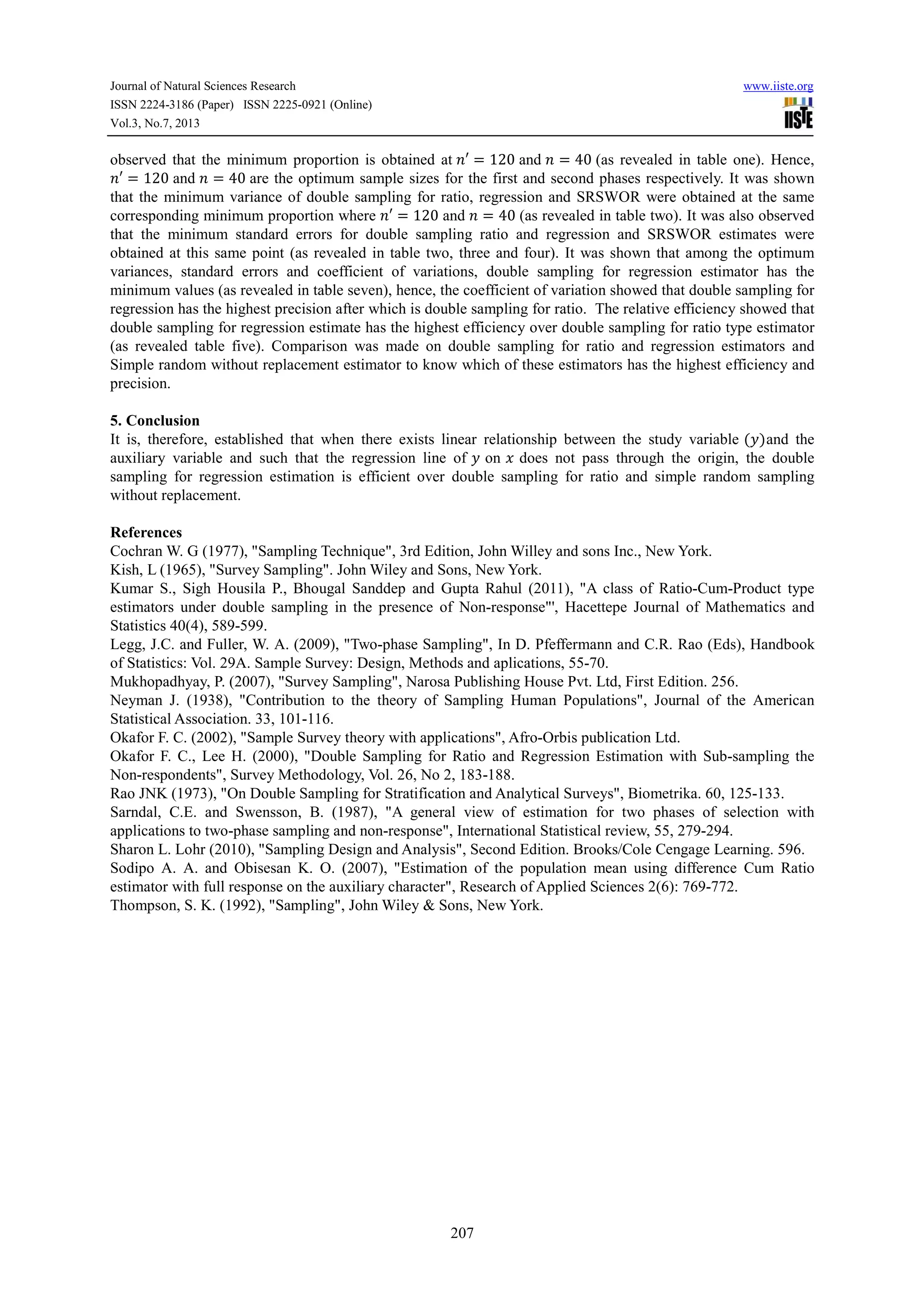 Efficiency of ratio and regression estimators using double sampling | PDF