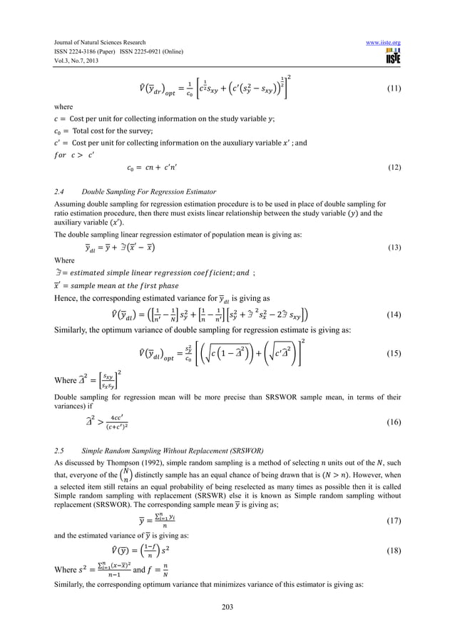 Efficiency Of Ratio And Regression Estimators Using Double Sampling Pdf Science