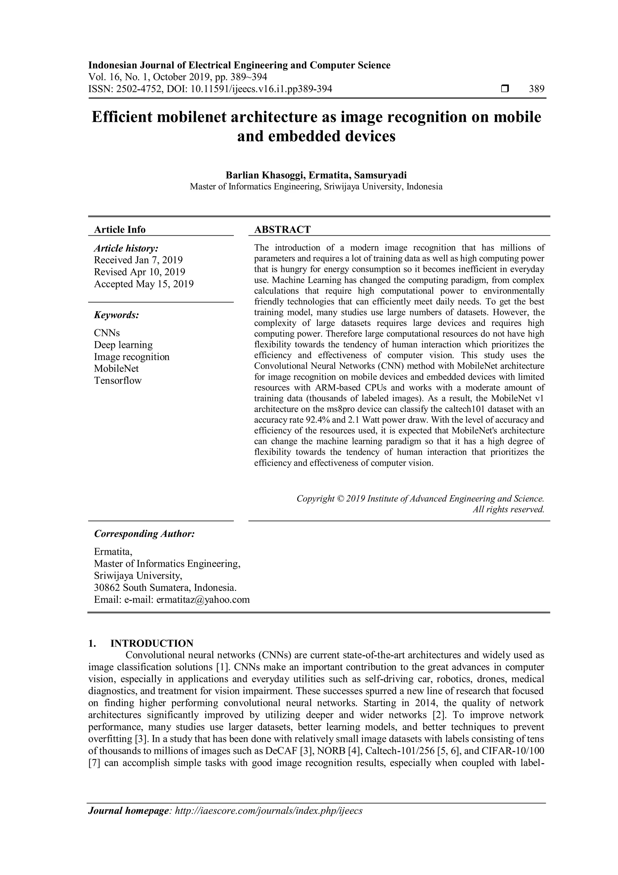 Efficient Mobilenet Architectureasimagerecognit Pdf