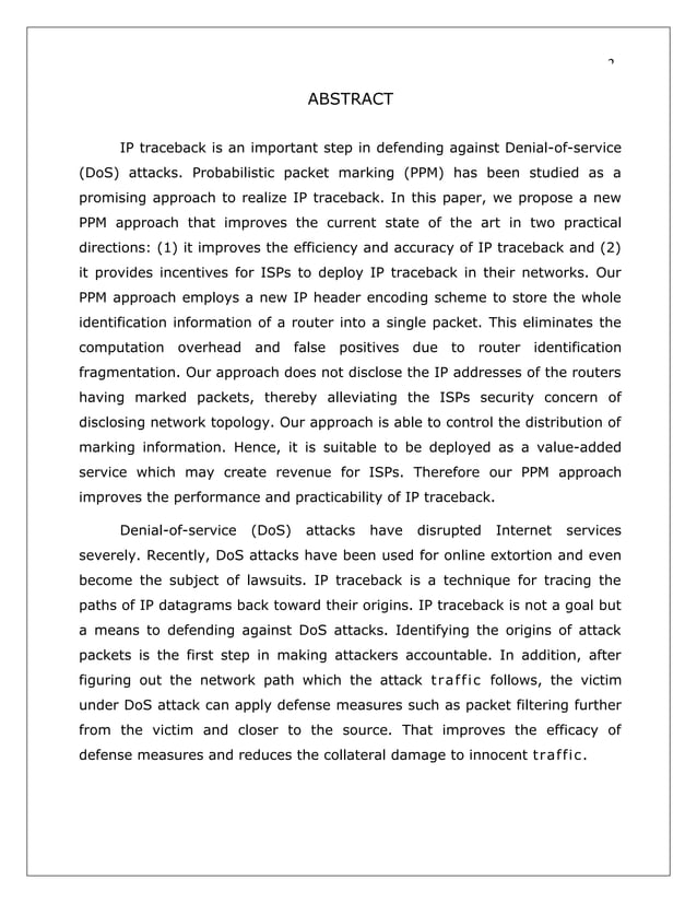 Efficient packet marking for large scale ip trace back(synopsis) | DOC