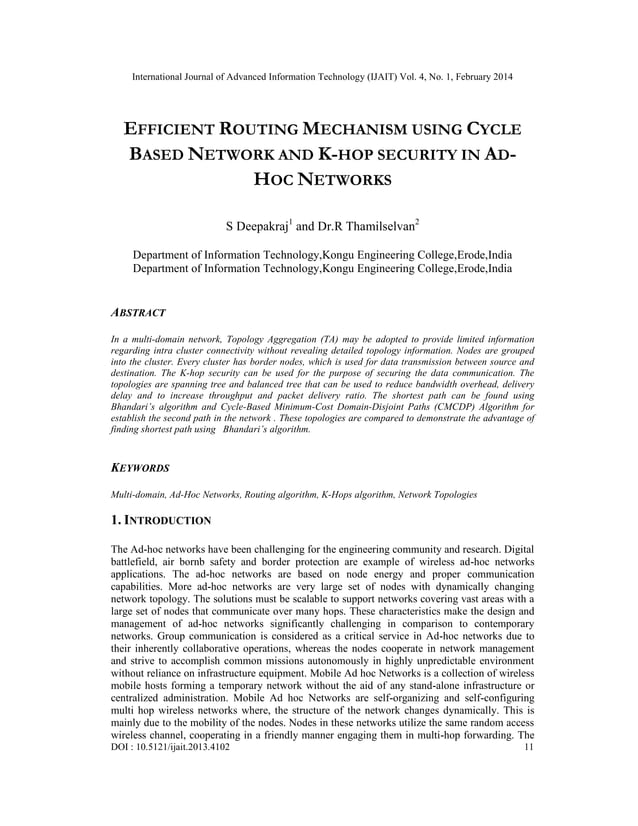 Efficient routing mechanism using cycle based network and k hop security in ad-hoc networks | PDF