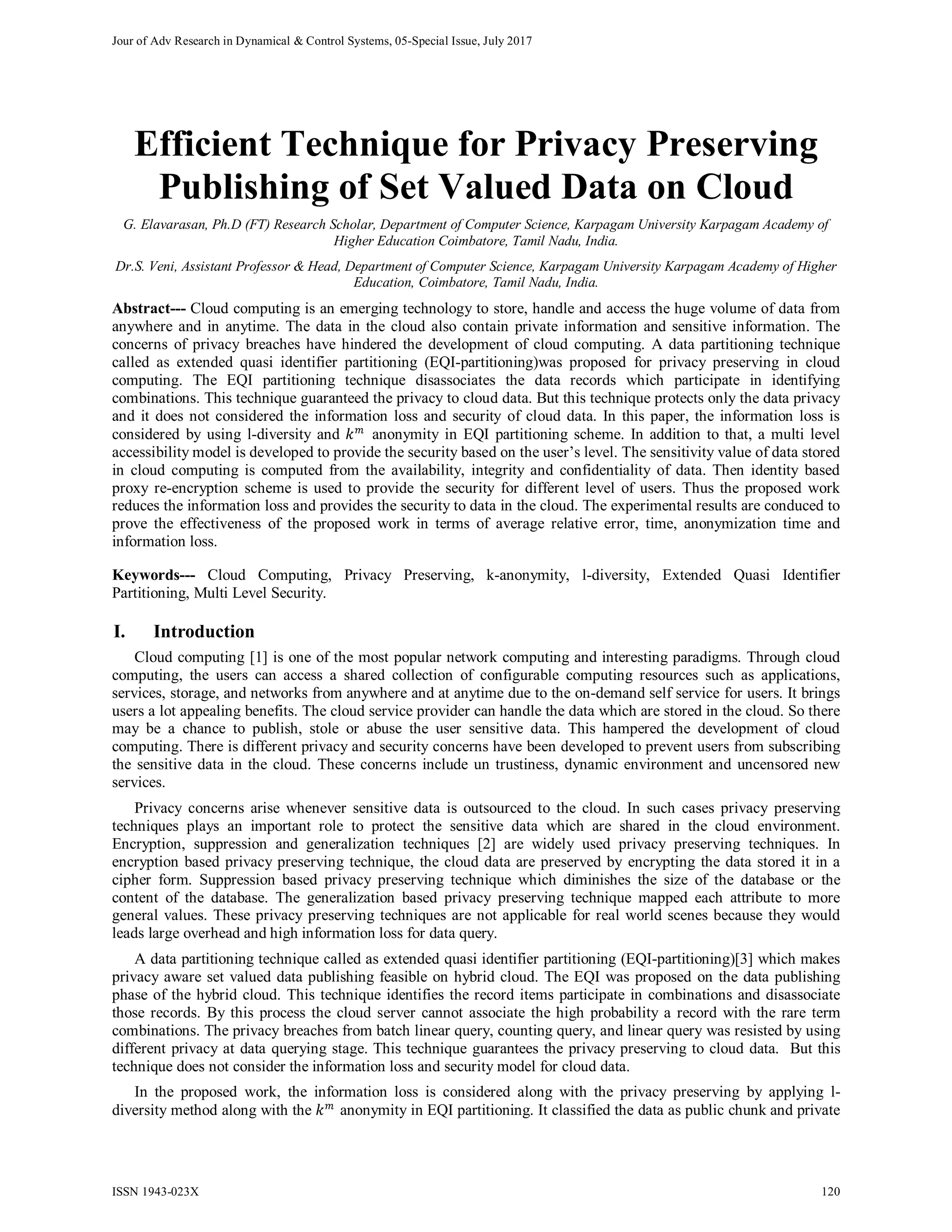 Efficient technique for privacy preserving publishing of set valued data on cloud | PDF