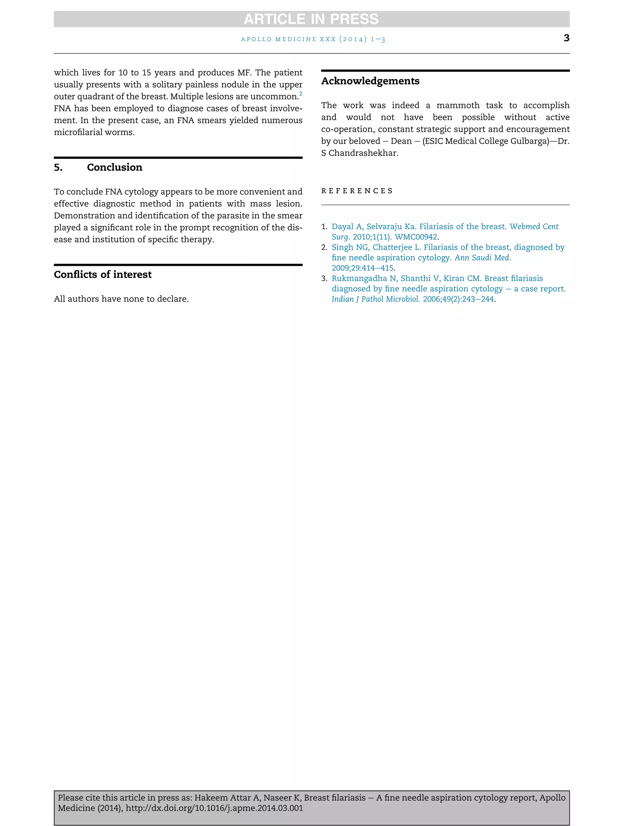 Breast filariasis - A fine needle aspiration cytology report | PDF